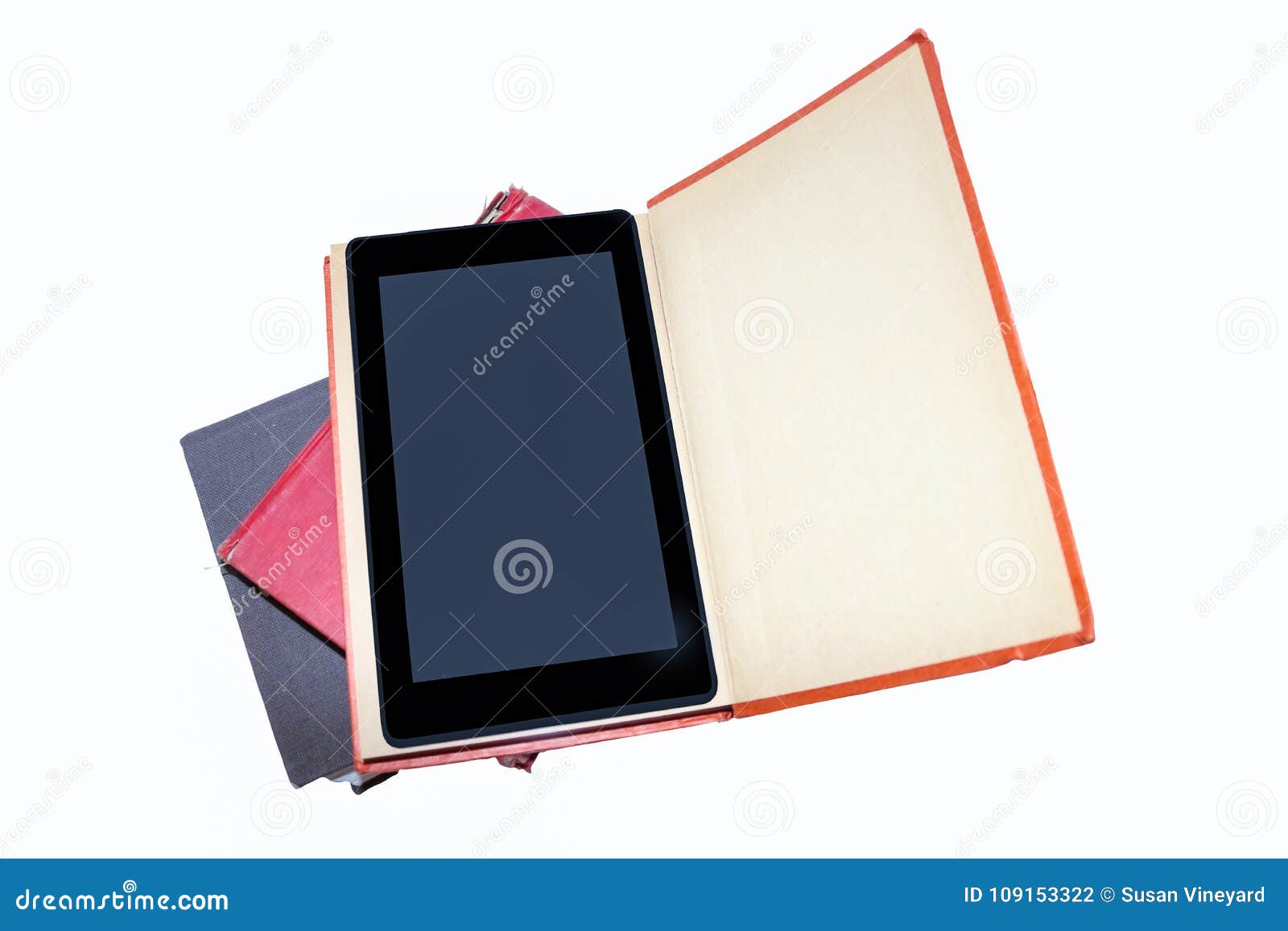 E-reader - Tablet Inside an Old Book on a Stack of Old Books - Isolated ...