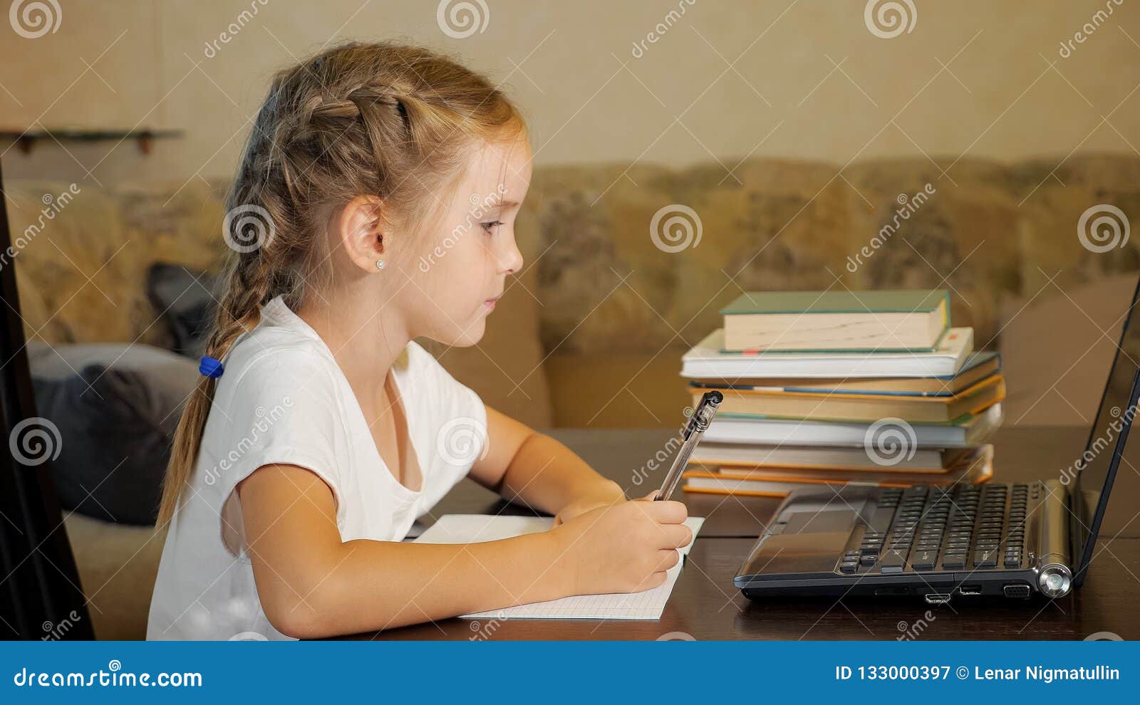 Little Girl Doing Homework with Laptop Stock Image - Image of adorable ...