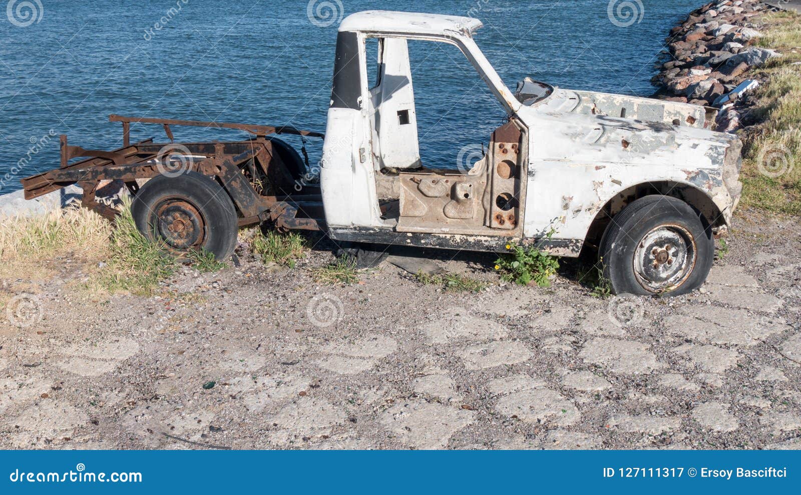Wrecked White Color Van, Broken And Rusty Van Left In The Scrap Yard ...
