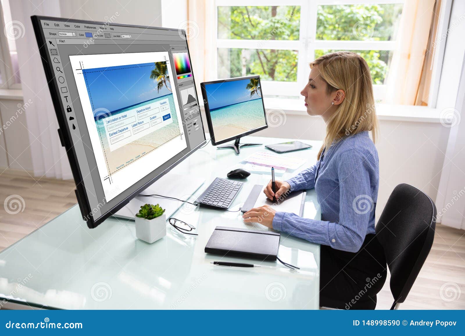 Designer Using Graphic Tablet while Working on Computer Stock Photo ...