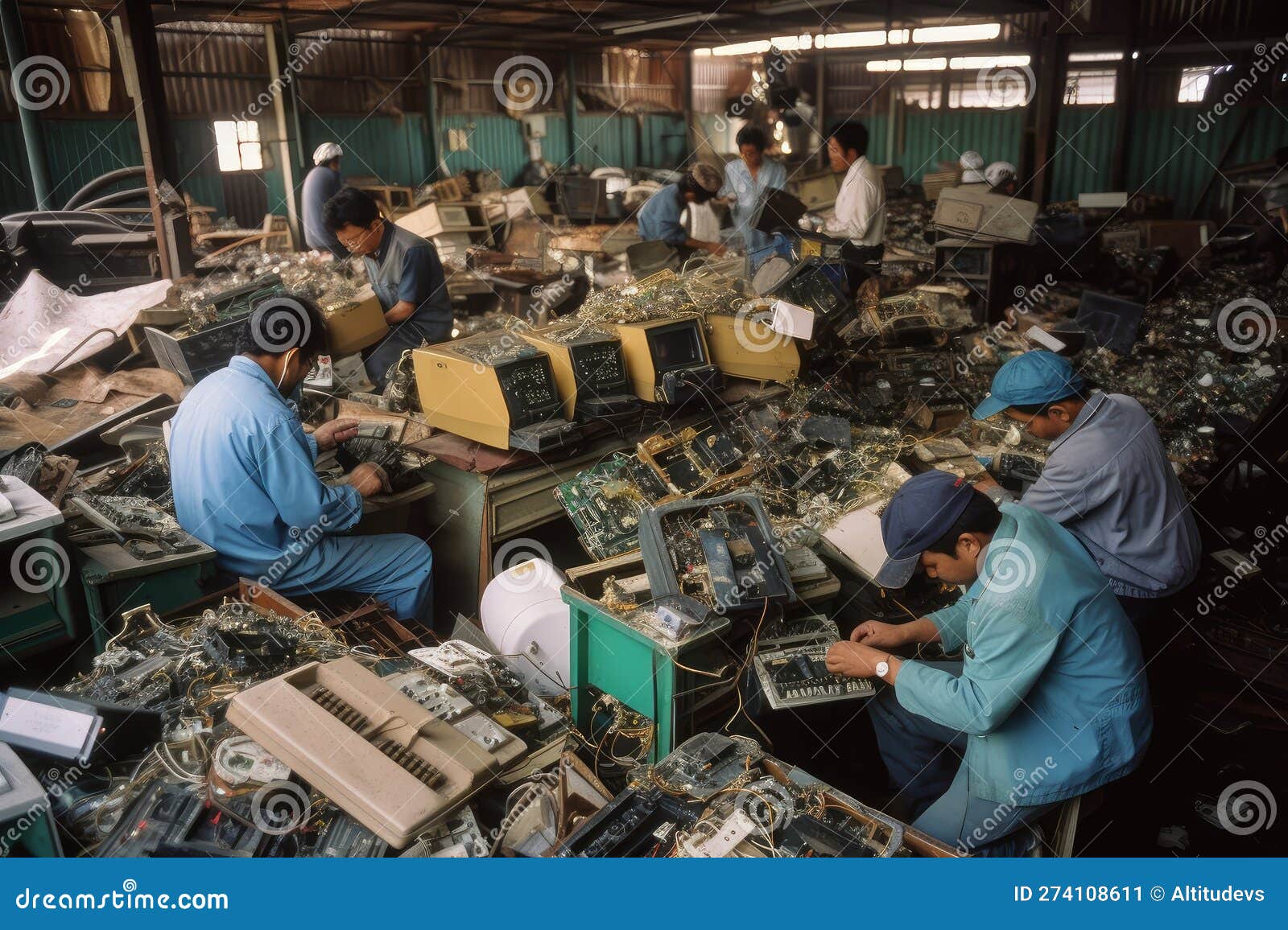 E-waste Recycling Center, With Workers Sorting And Dismantling Devices ...