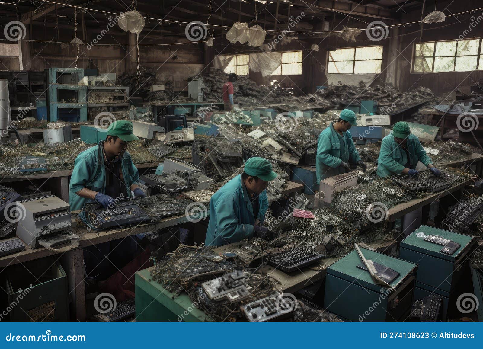 E-waste Recycling Center, with Workers Sorting and Dismantling Devices ...