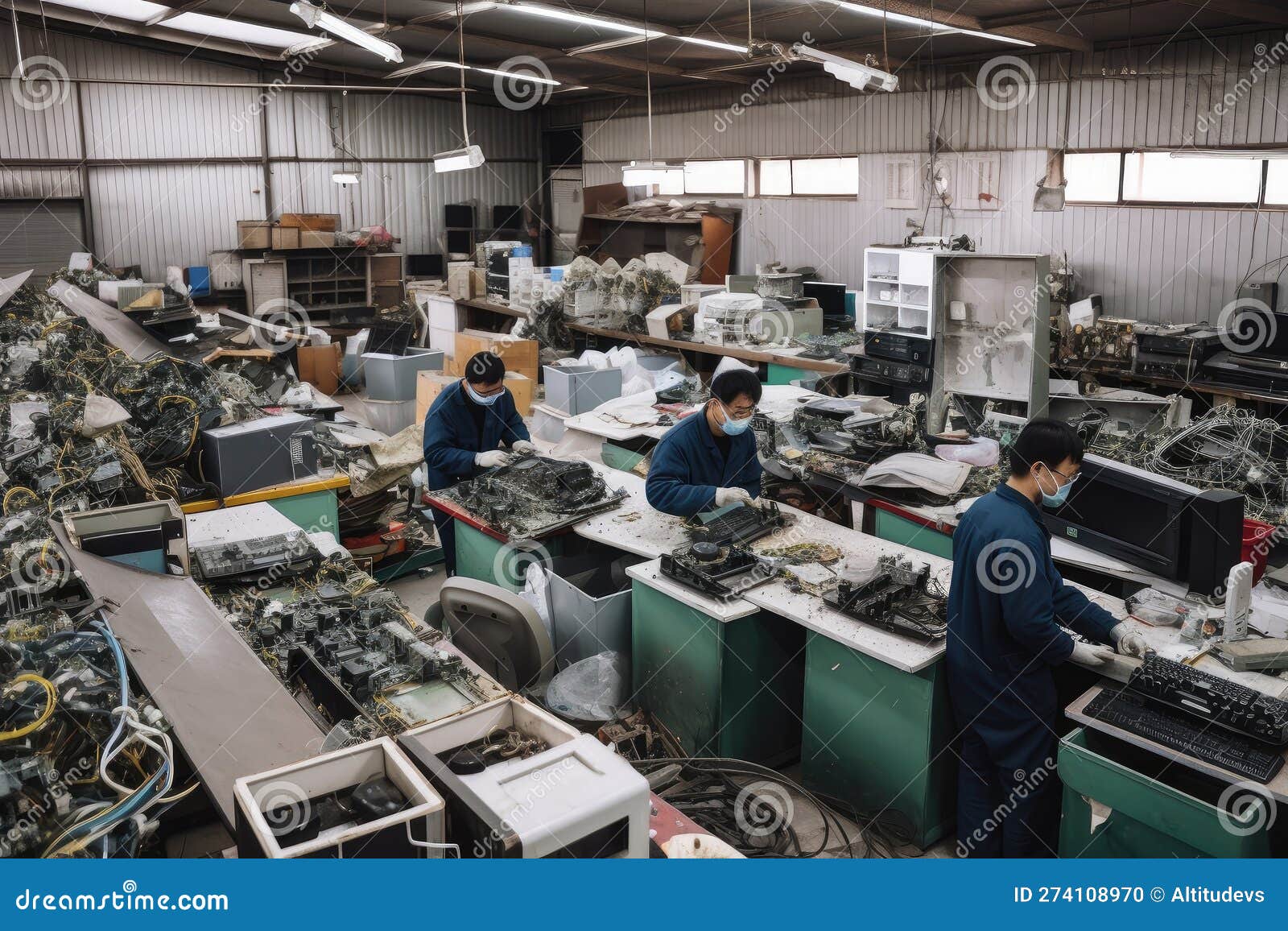 E-waste Recycling Facility, with Employees Disassembling and Sorting ...