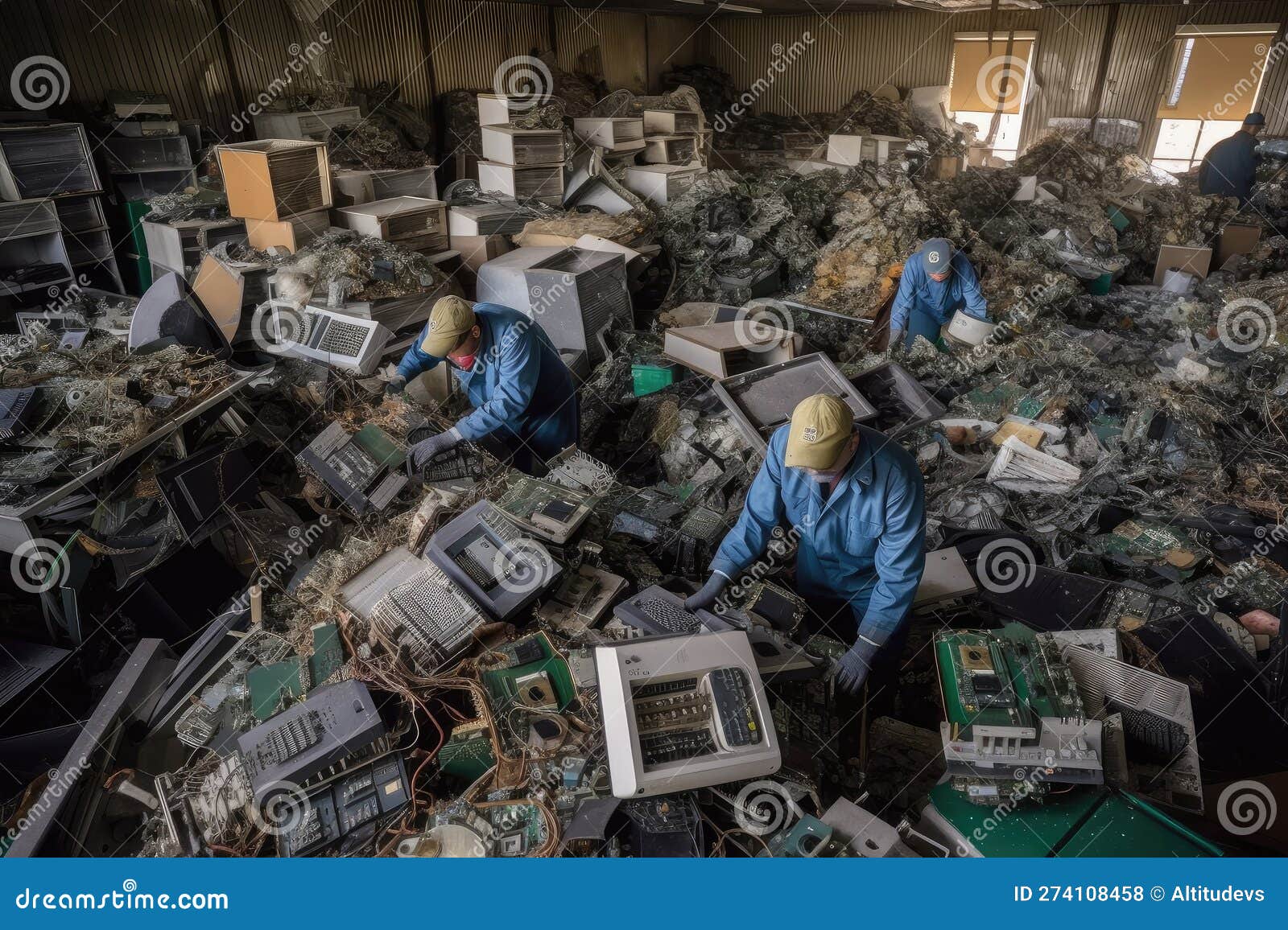 E-waste Recycling Facility, with Employees Sorting through Piles of Old ...