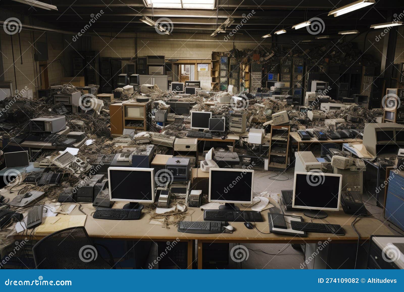E-waste Recycling Facility, with Rows of Computers, Phones, and Other ...