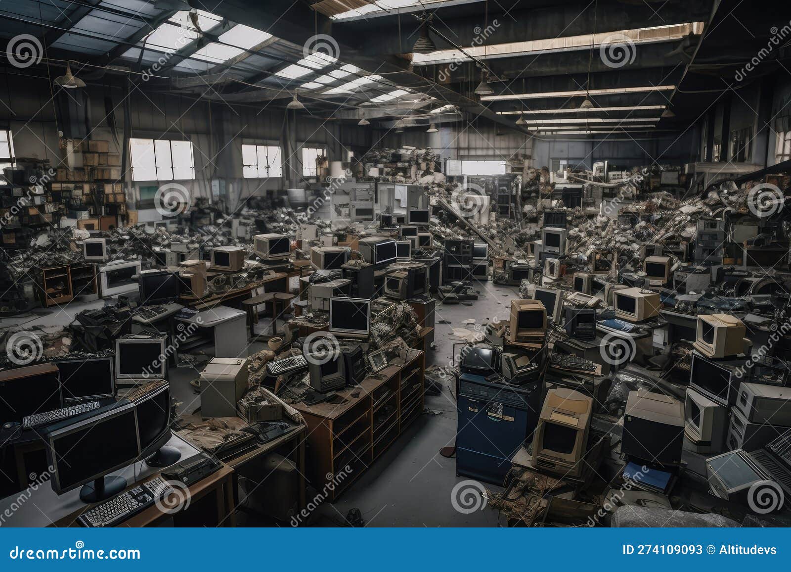 E-waste Recycling Facility, with Rows of Computers, Phones, and Other ...
