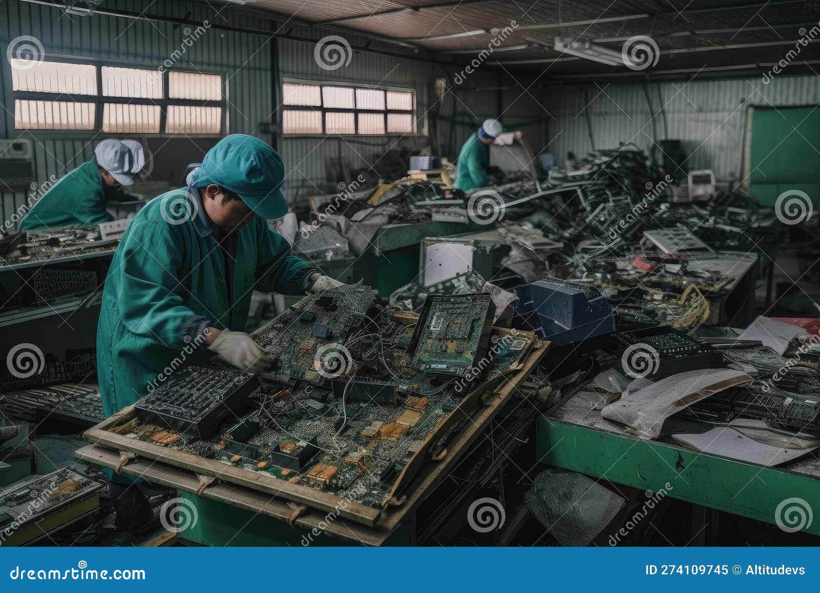 E-waste Recycling Facility, with Workers Dismantling and Sorting ...