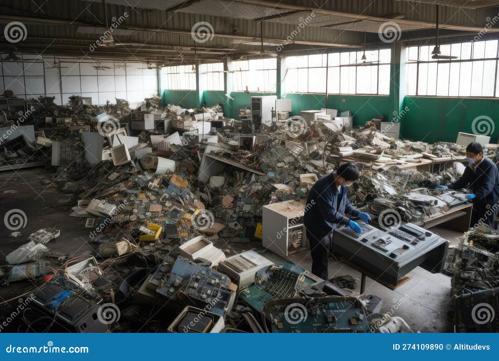 E-waste Recycling Facility, with Workers Dismantling and Sorting Pieces ...