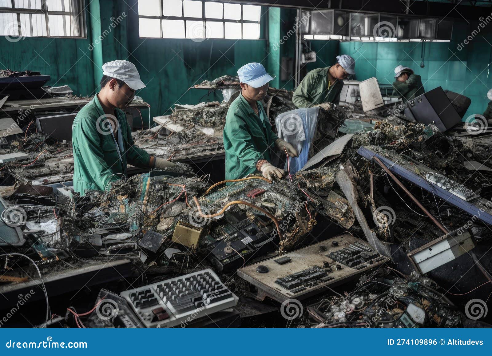E-waste Recycling Facility, with Workers Dismantling and Sorting Pieces ...