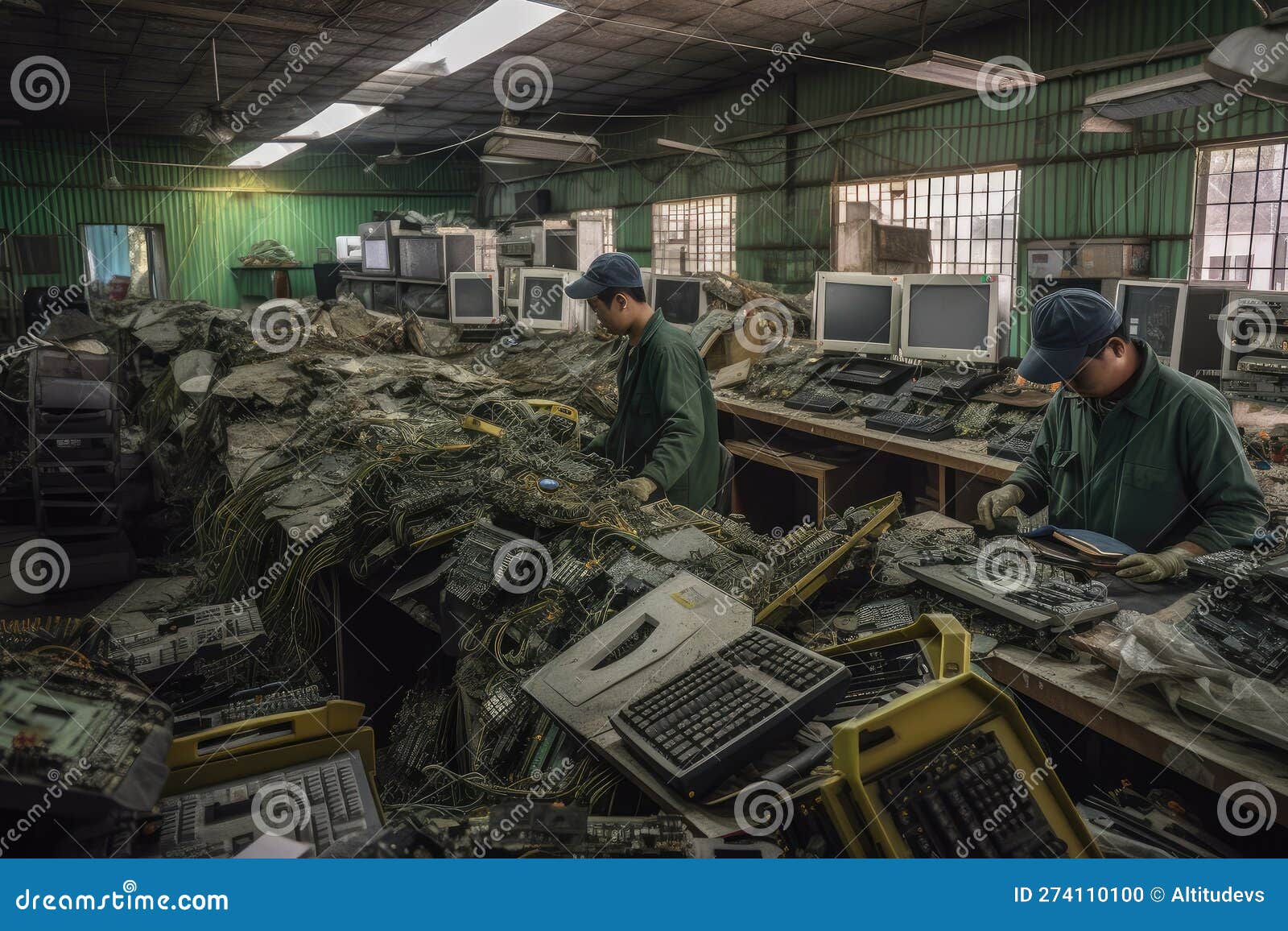 E-waste Recycling Facility, with Workers Sorting through Broken and ...