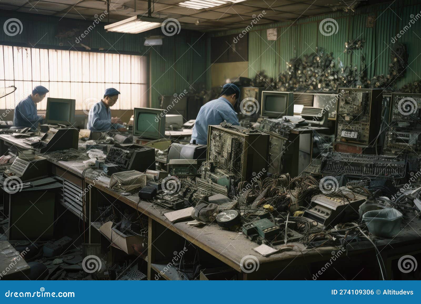 E-waste Recycling Facility, with Workers Sorting and Cleaning Discarded ...