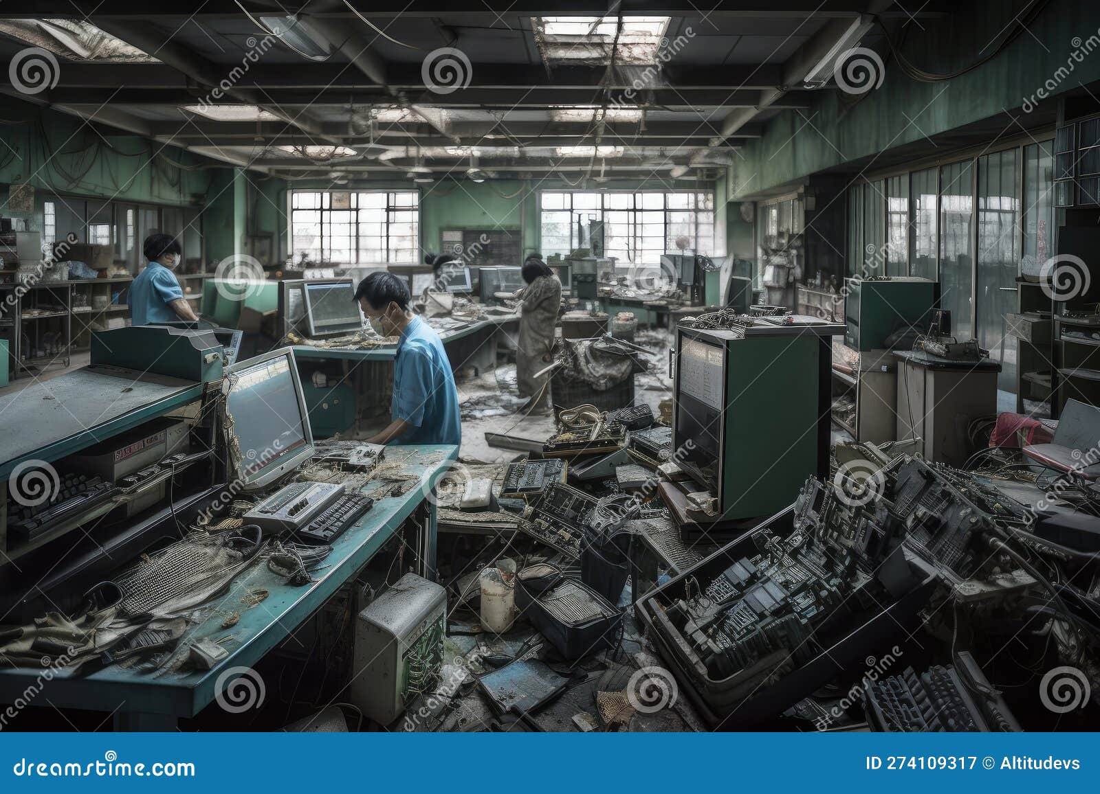 E-waste Recycling Facility, with Workers Sorting and Cleaning Discarded ...
