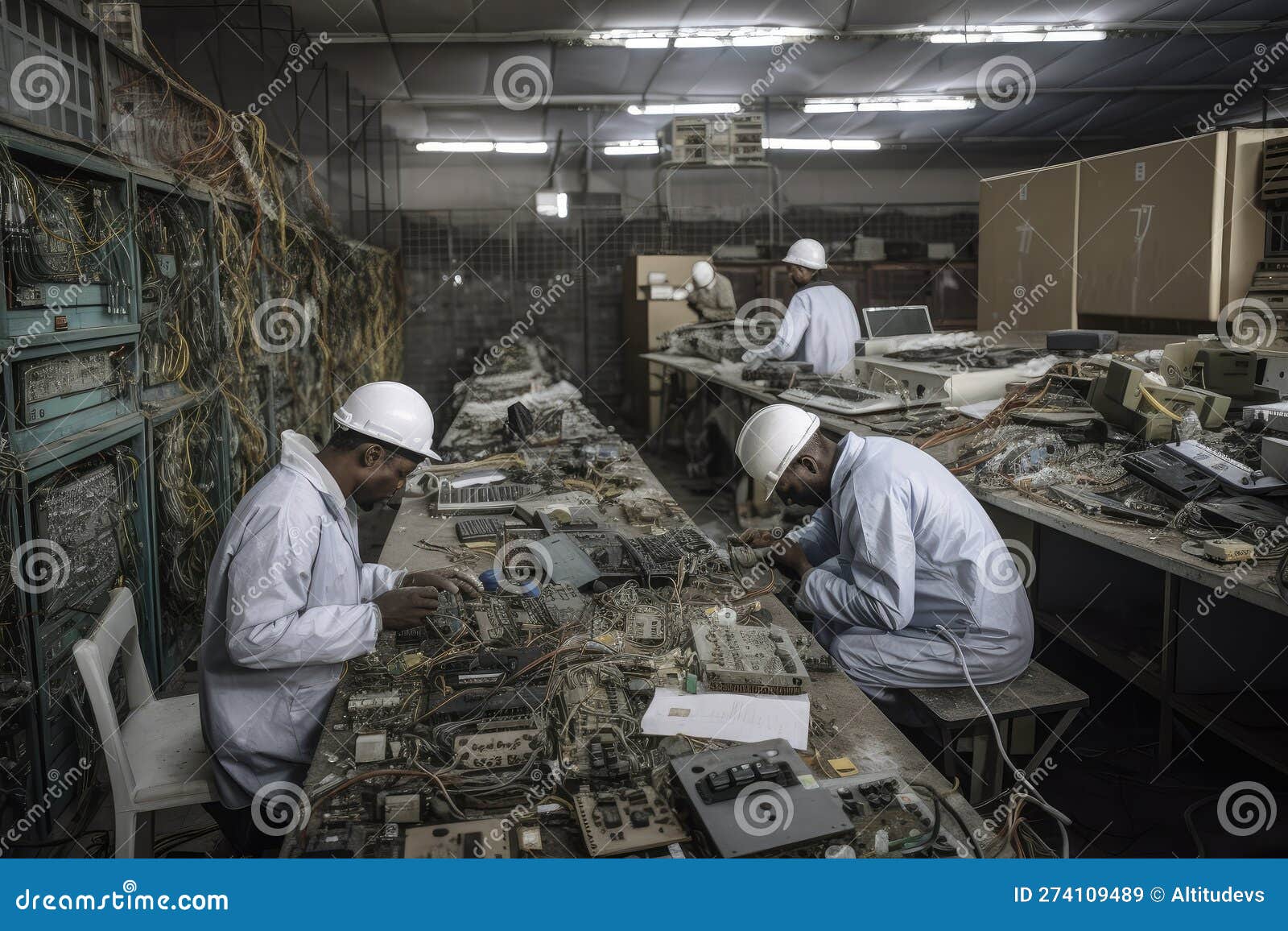 E-waste Recycling Facility, with Workers Sorting and Dismantling ...