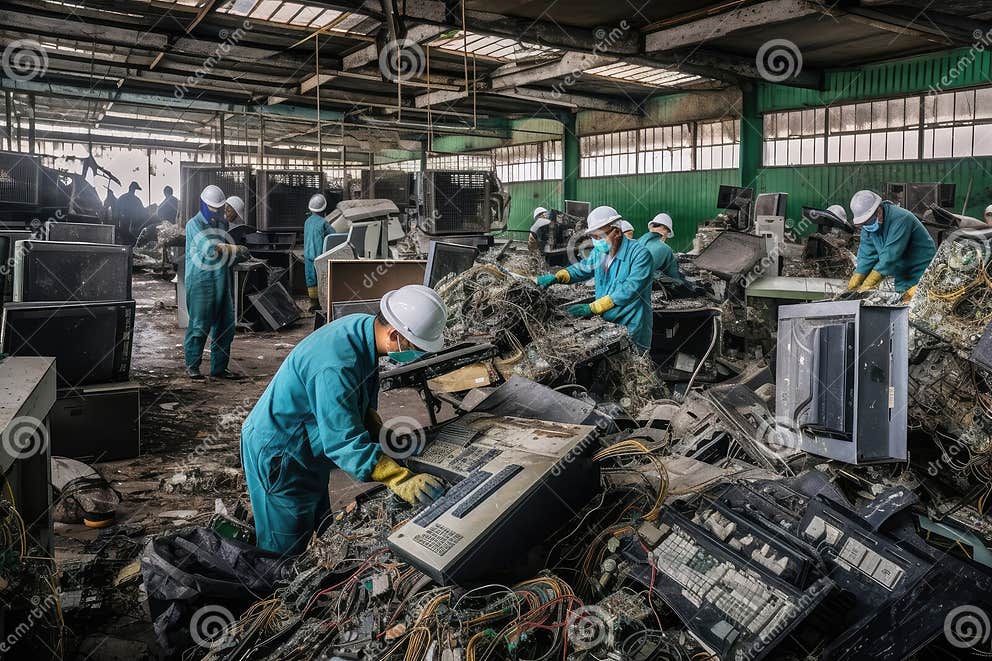 E-waste Recycling Facility, with Workers Sorting and Dismantling Old ...