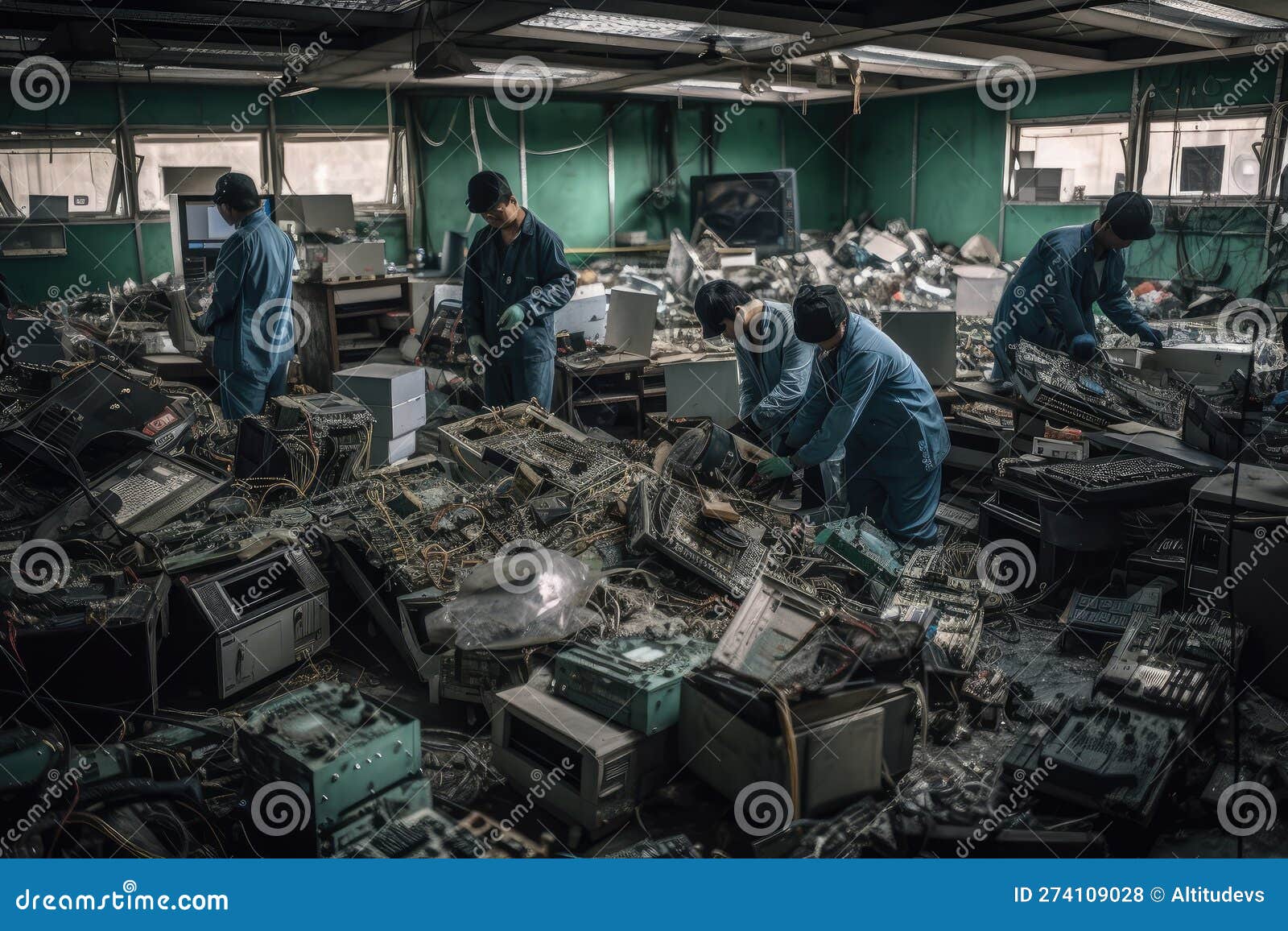 E-waste Recycling Facility, with Workers Sorting and Dismantling ...