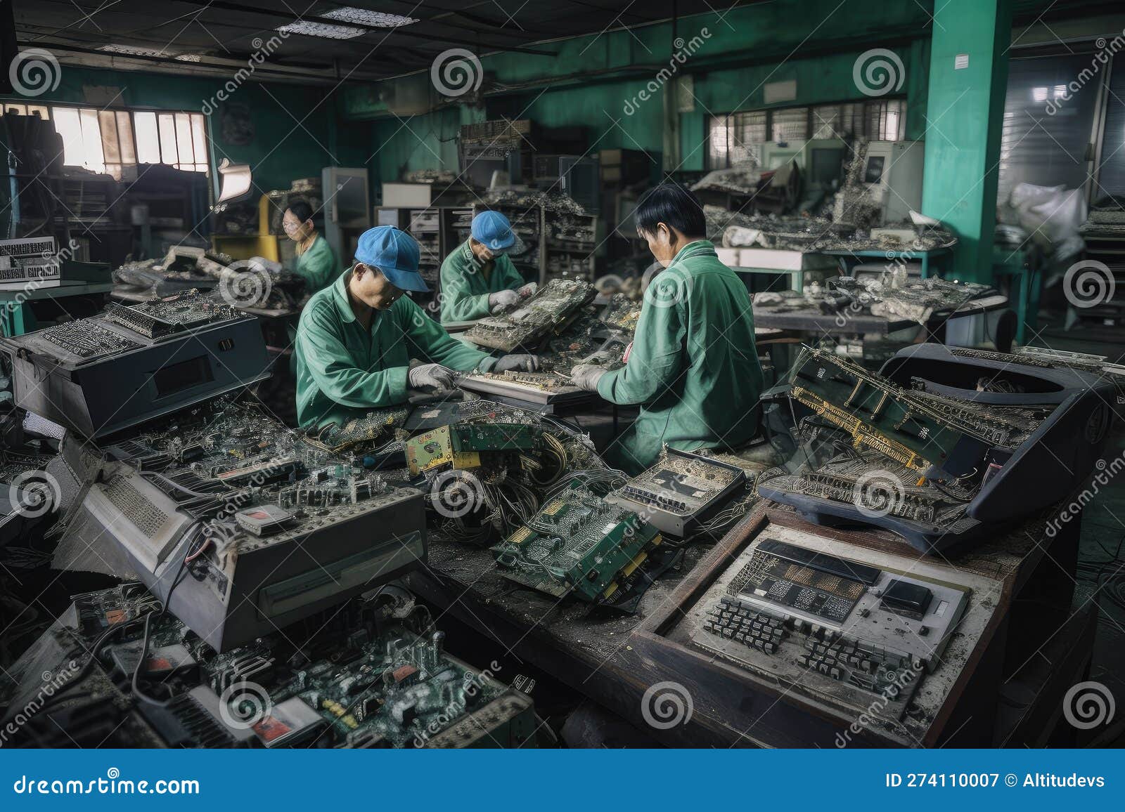 E-waste Recycling Facility, with Workers Sorting through and Repairing ...