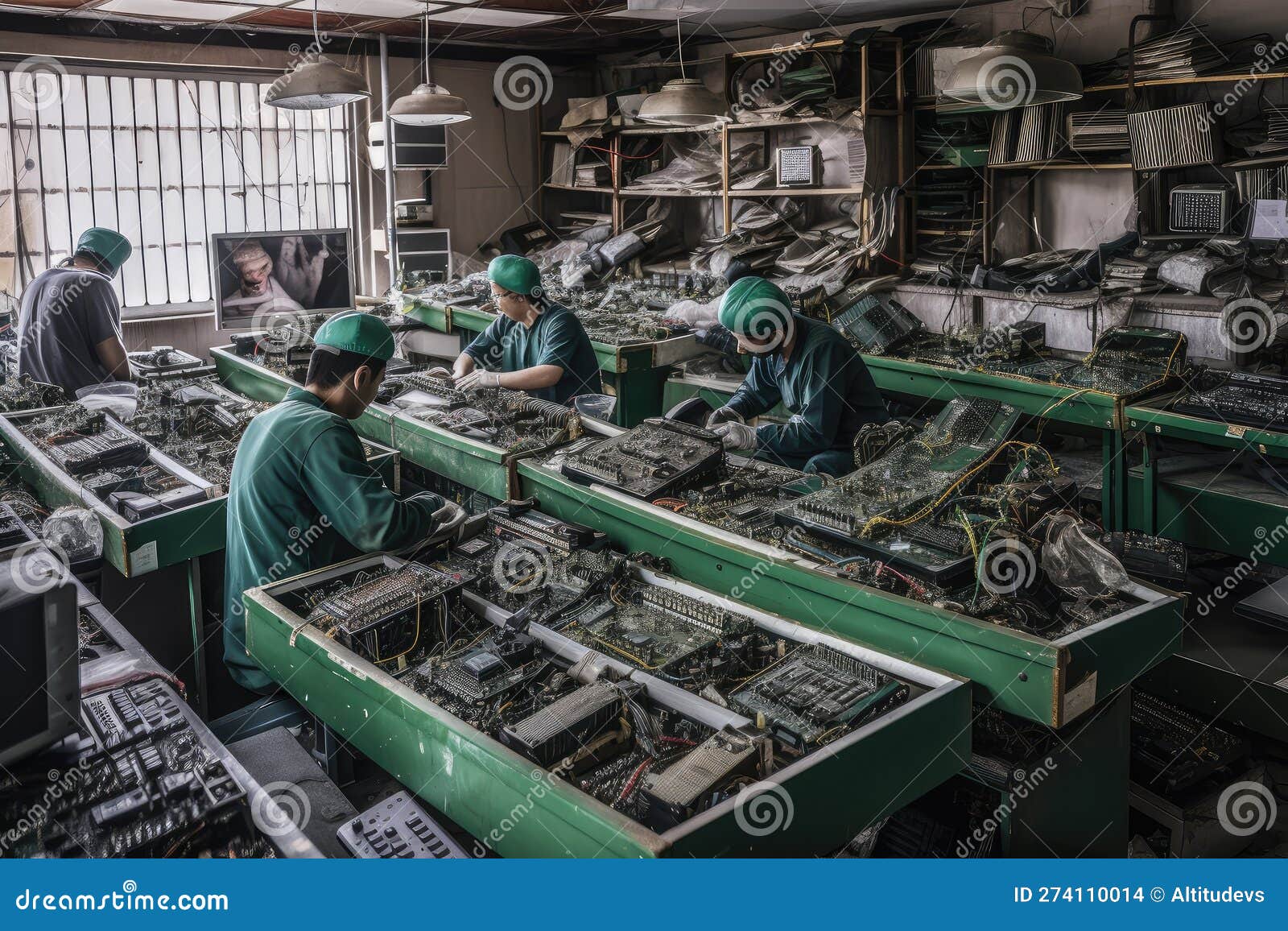 E-waste Recycling Facility, with Workers Sorting through and Repairing ...