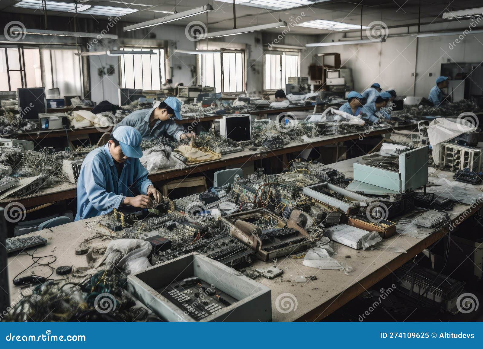 E-waste Recycling Facility, with Workers Sorting and Repairing Various ...