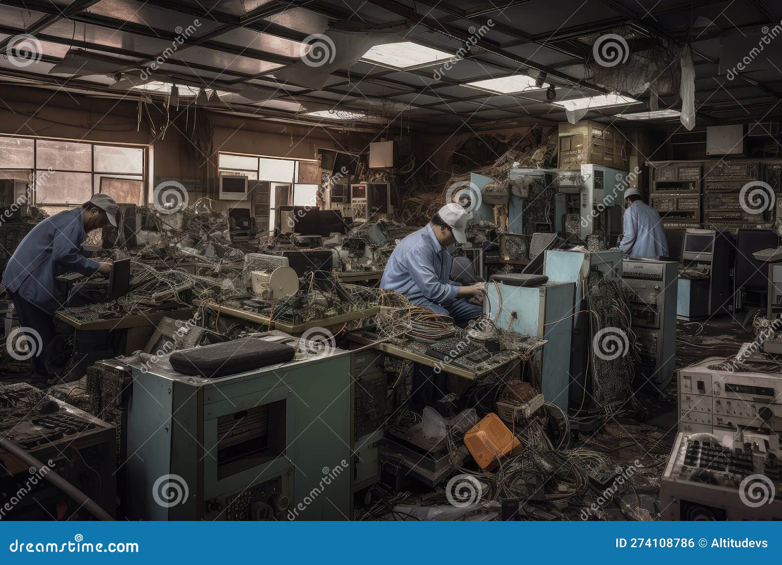 E-waste Recycling Plant, with Workers Breaking Down and Sorting Various ...