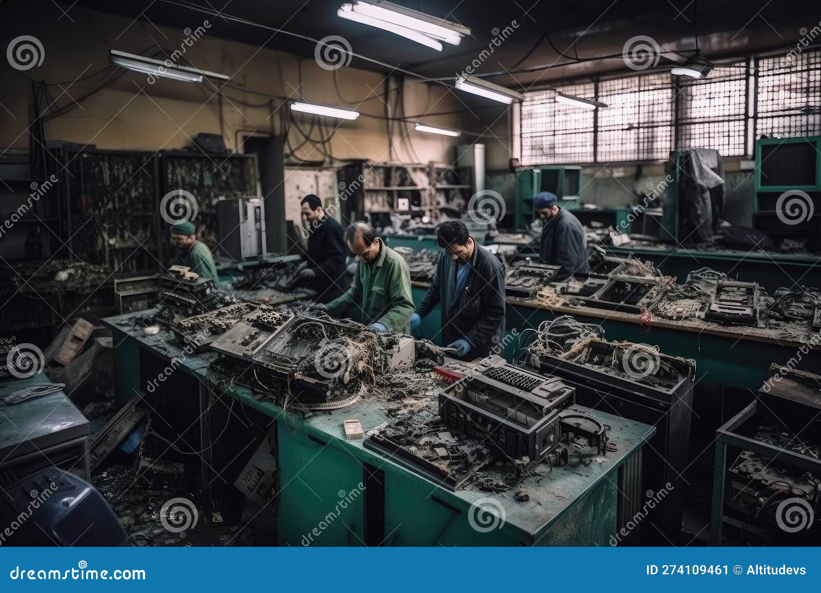 E-waste Recycling Plant, with Workers Disassembling and Sorting Electronic Devices Stock ...