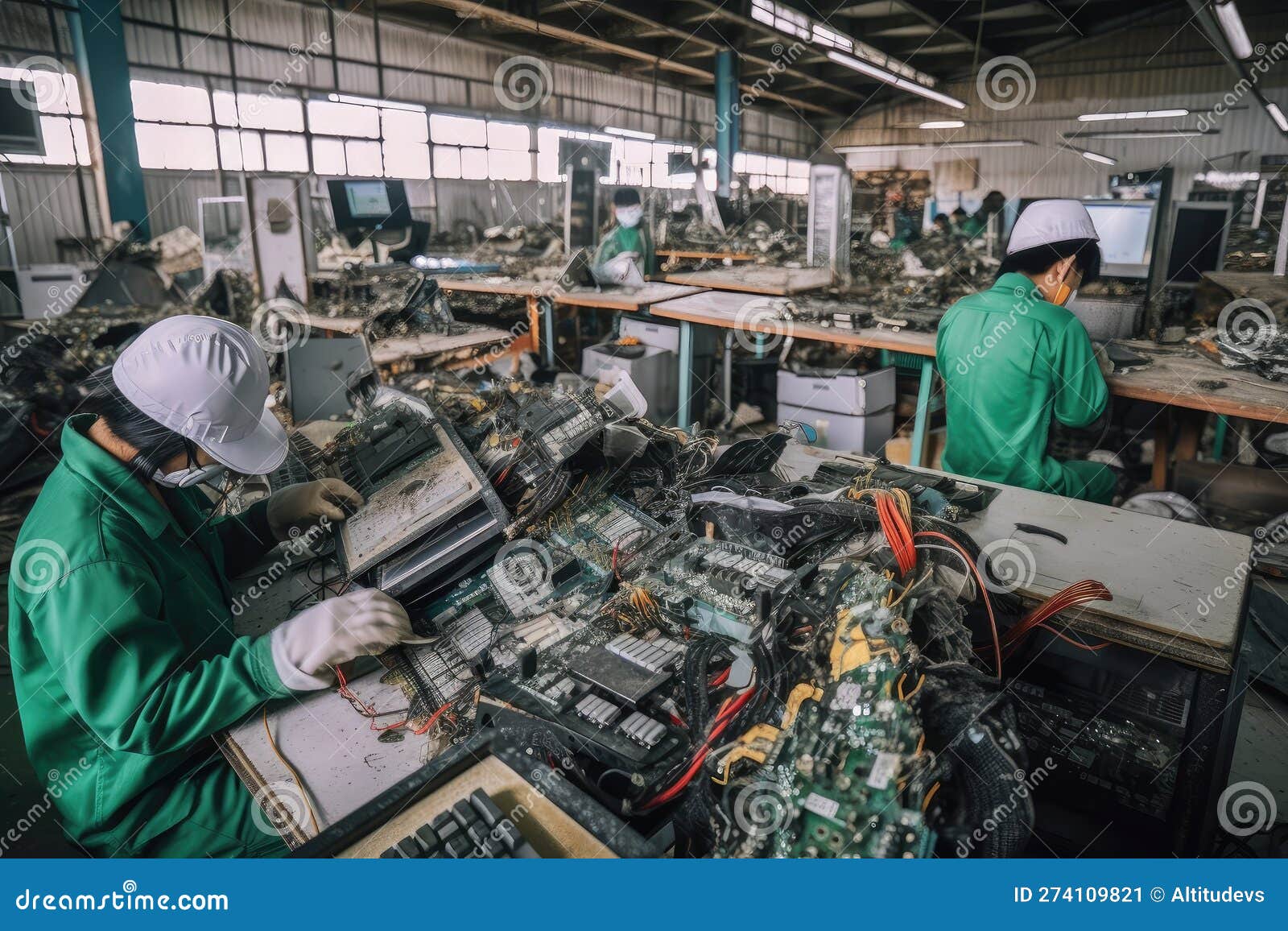 E-waste Recycling Plant, with Workers Sorting and Dismantling Used ...
