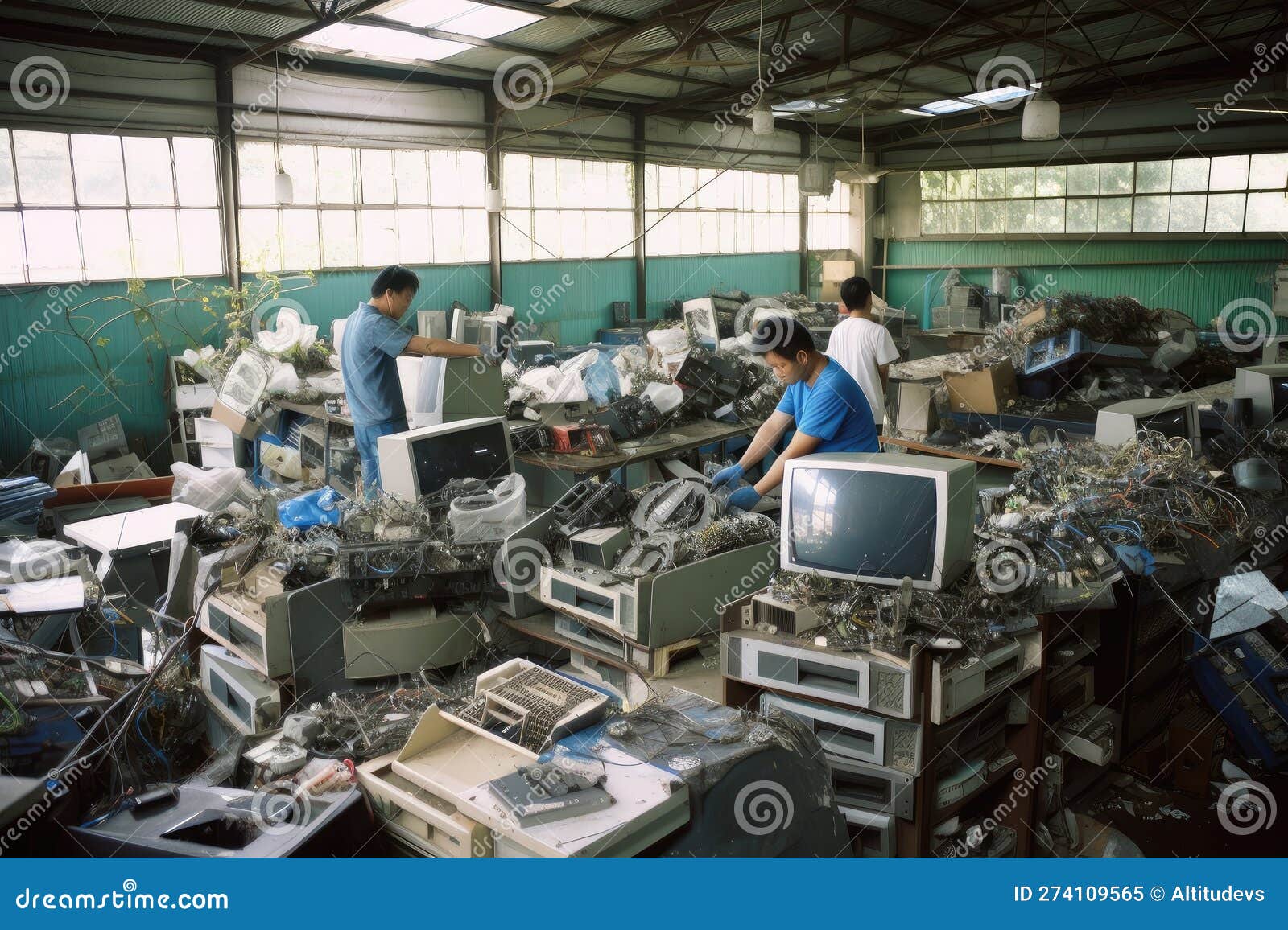 E-waste Recycling Station, with Workers Sorting and Dismantling ...