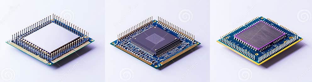 Each CPU Microprocessor Chip Has Its Own Design and Color Scheme. Set ...