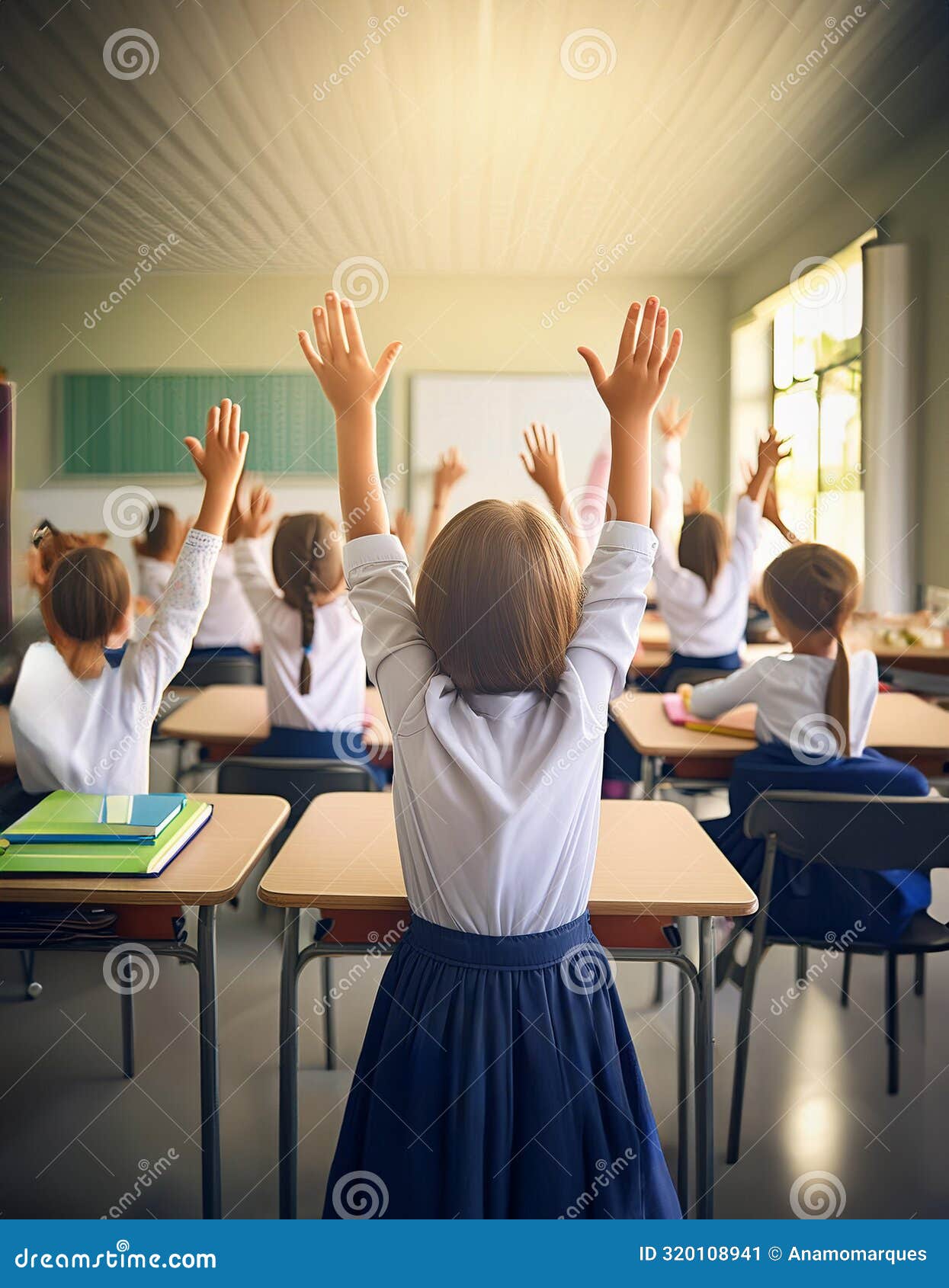 Eager Students with Hands Raised in a Bright, Engaging Classroom ...