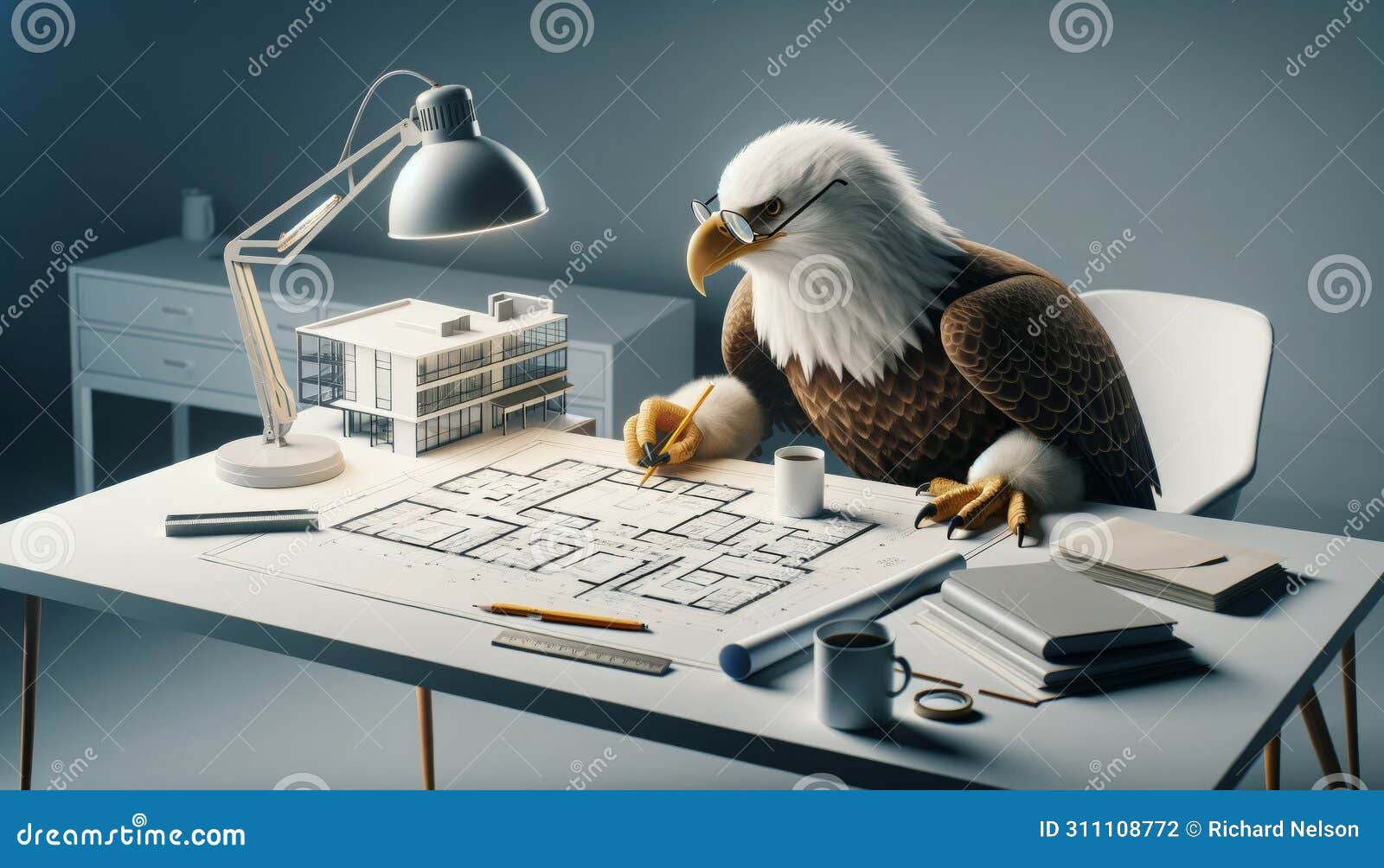 Eagle Architect Working on Building Plans at Desk Stock Illustration - Illustration of tail ...