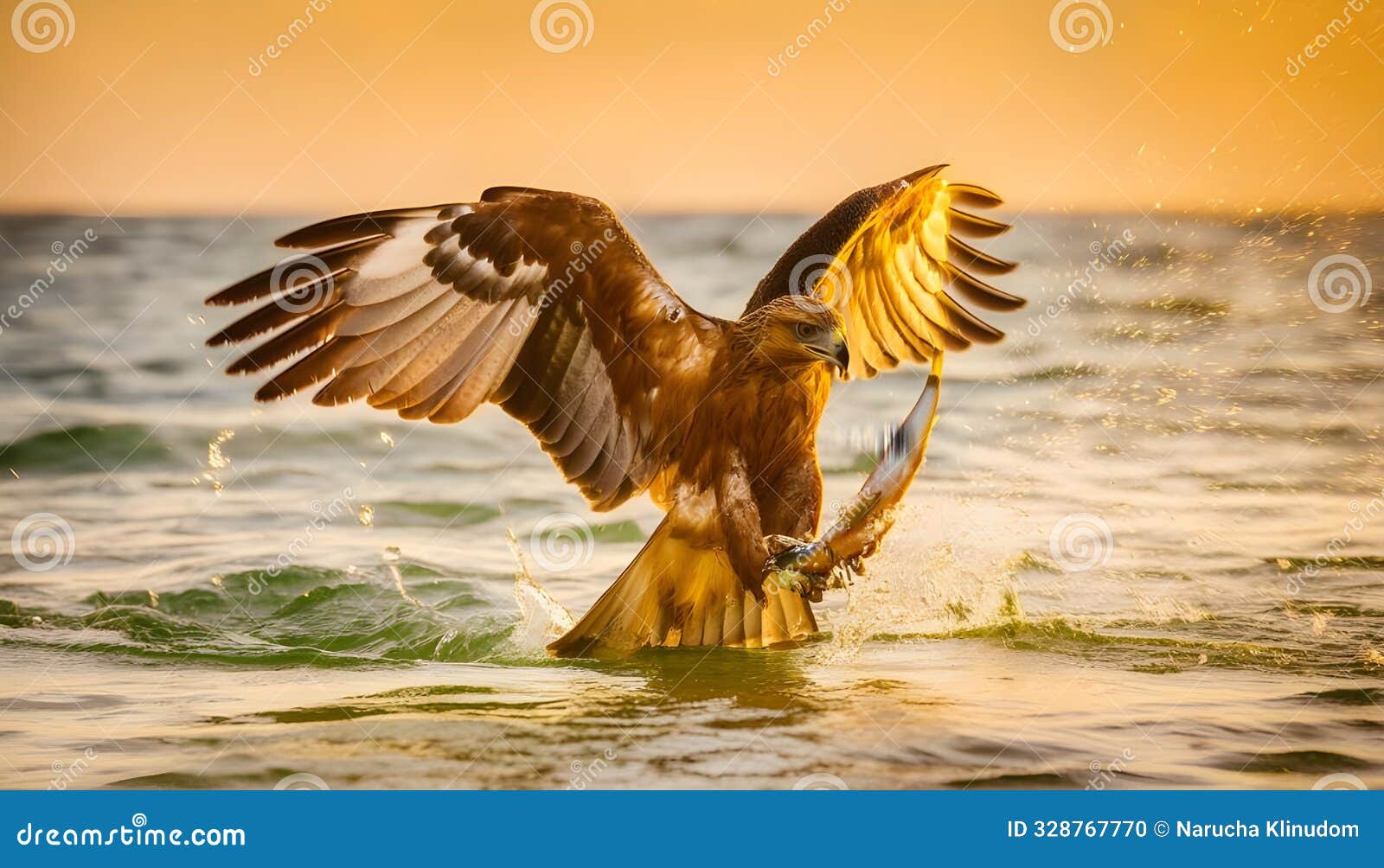 The Eagle Attacking Fish in the Lake at Sunset Stock Illustration ...