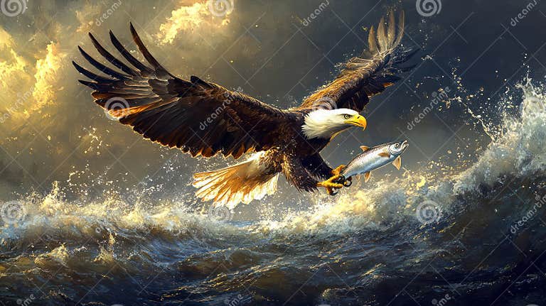 Eagle Catching Fish: a Dramatic Scene of a Bald Eagle Swooping Down To ...