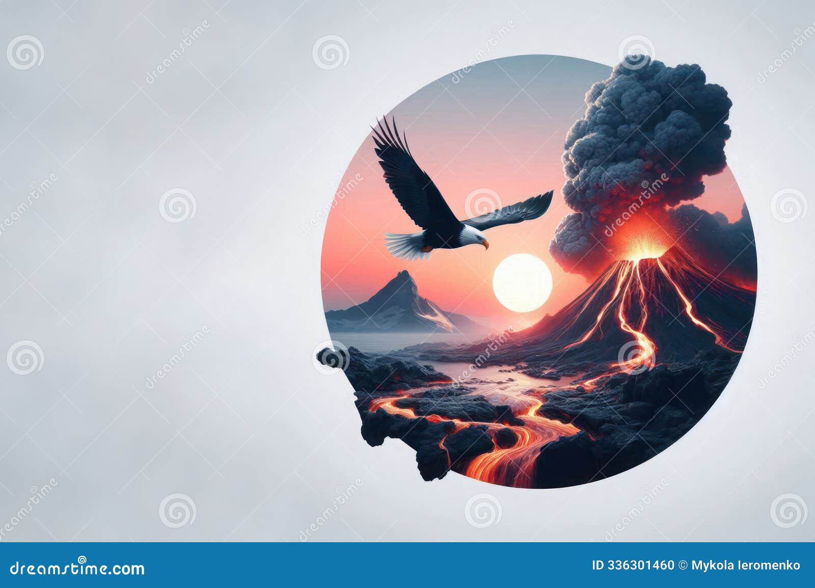An Eagle in Flight Over an Erupting Volcano at Sunset. Stock Photo ...