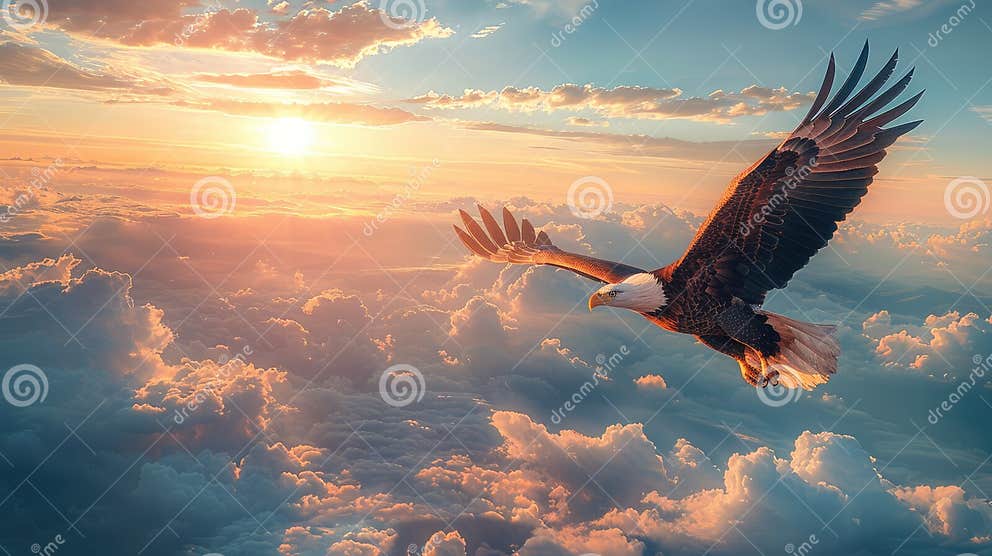 Eagle Flying Over Clouds. Happy 4th of July Concept Stock Photo - Image of head, independence ...