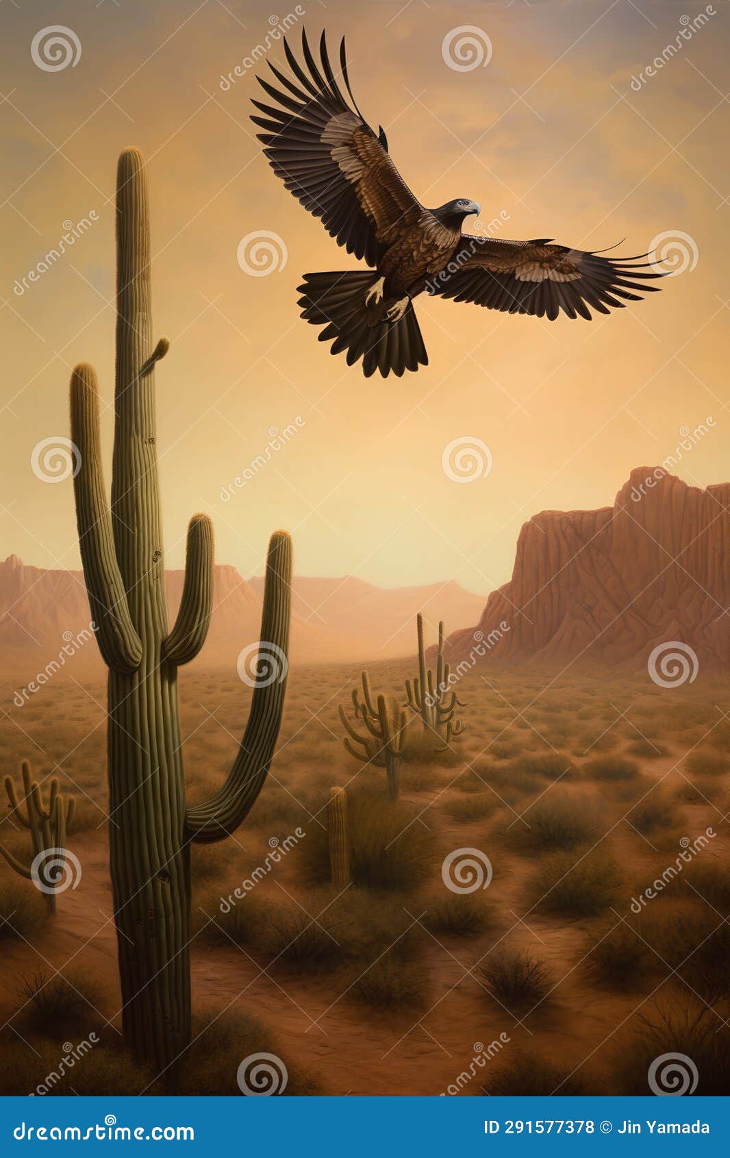 Eagle Flying Over a Desert Landscape with Cactuses and Saguaro Stock ...