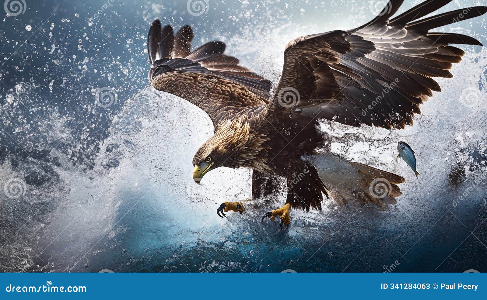 Eagle Grabs Fish from Ocean in Bright Blue Seascape Stock Illustration ...