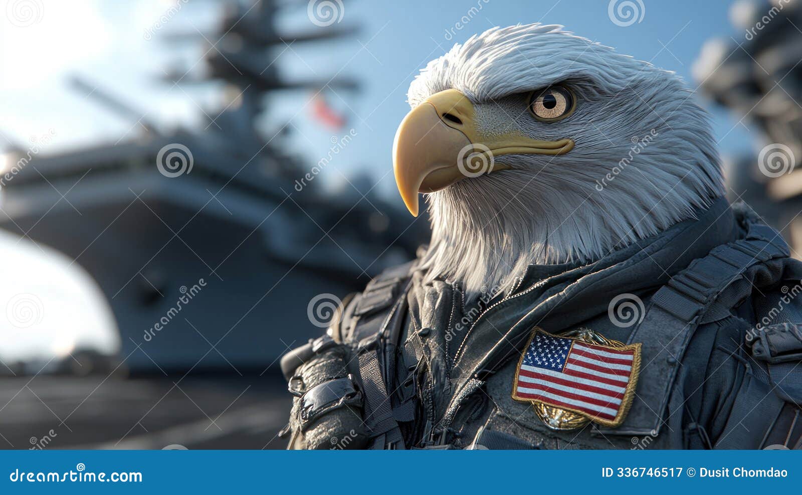 Eagle in Military Uniform with American Flag, Showcasing Strength and ...