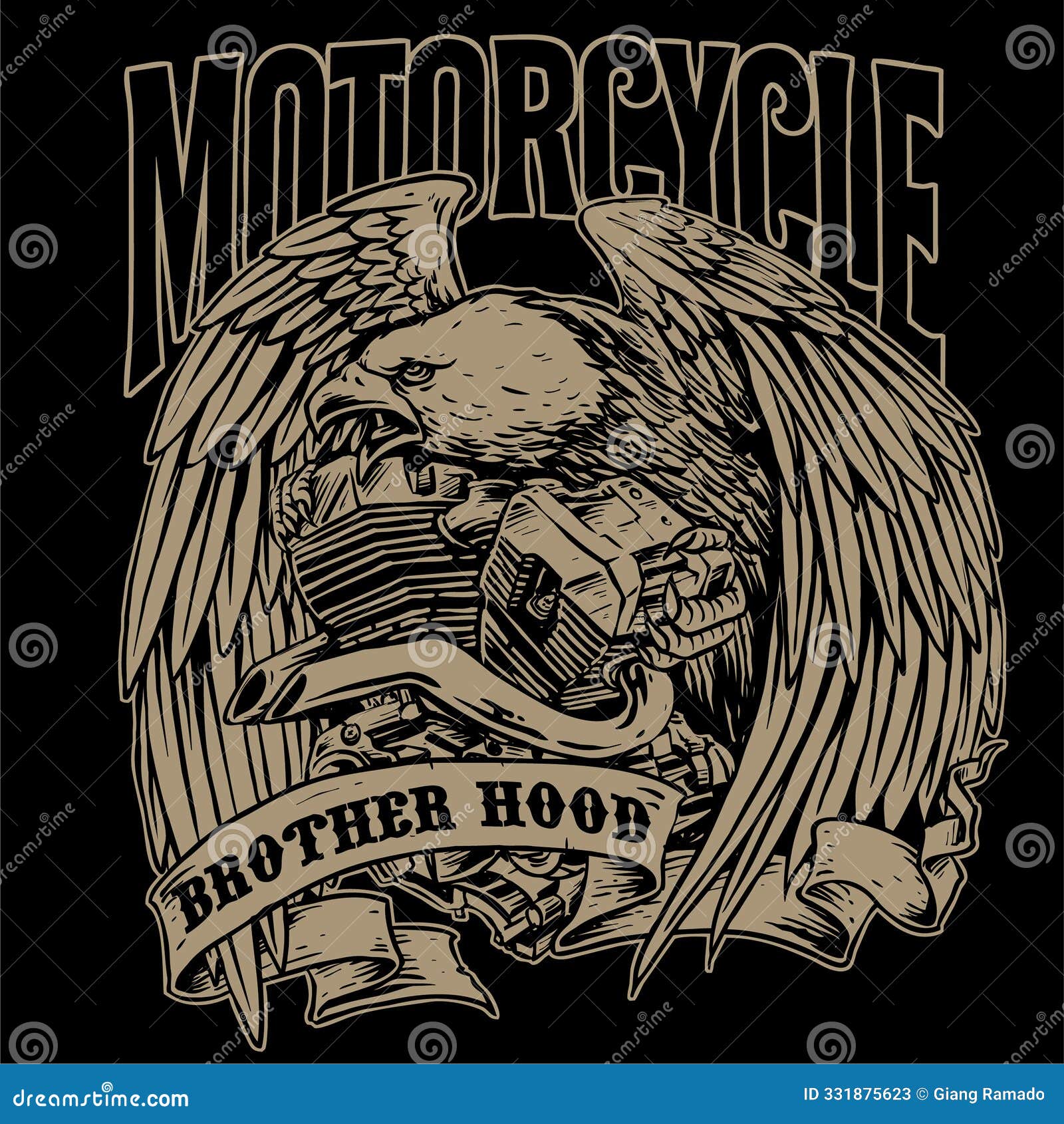 Eagle with Motorcycle Engine Vintage Vector Illustration Stock ...