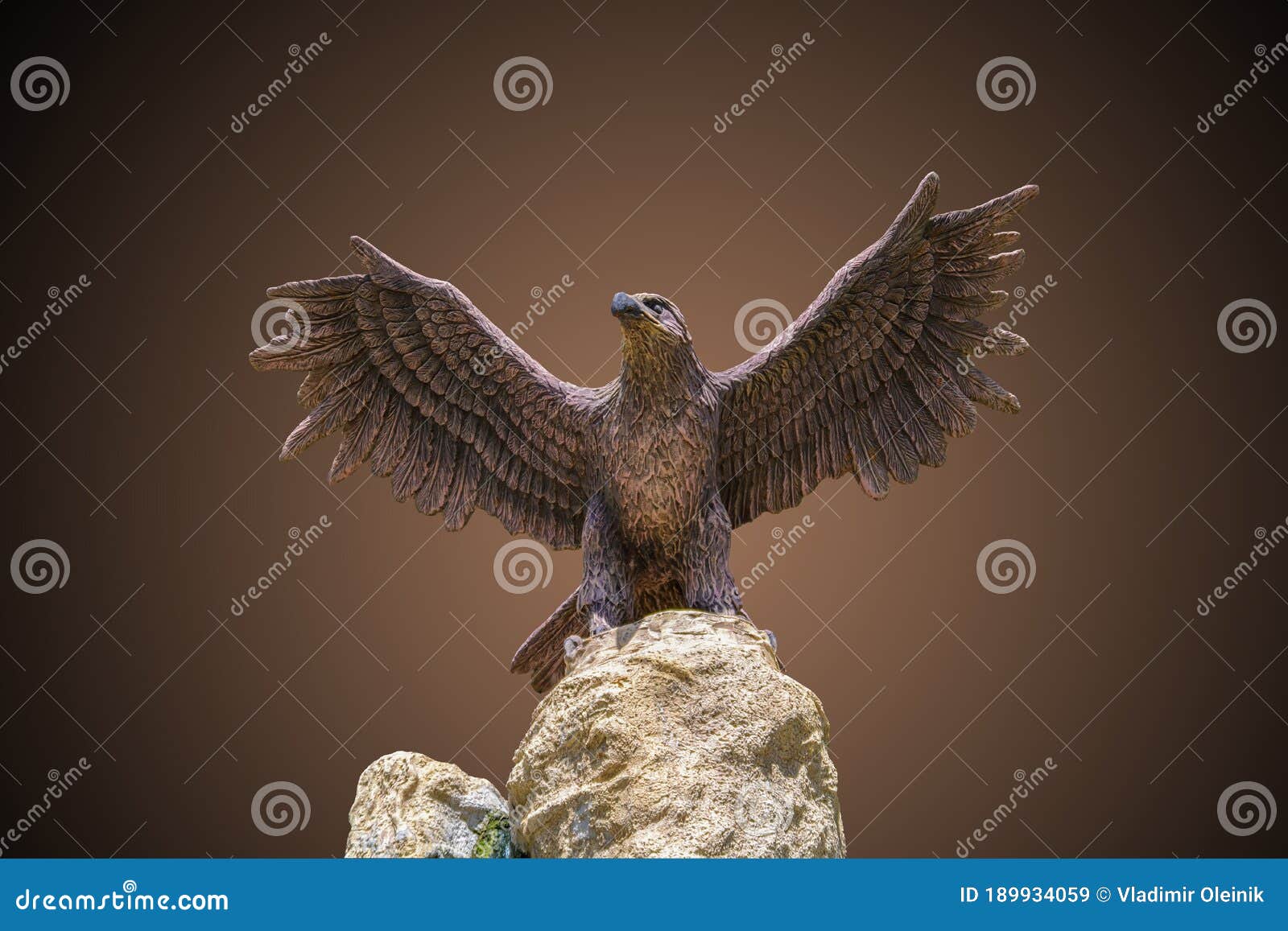Eagle with Outstretched Wings Sitting on a Rock, Sculpture, Dark Gradient Background, Horizontal ...