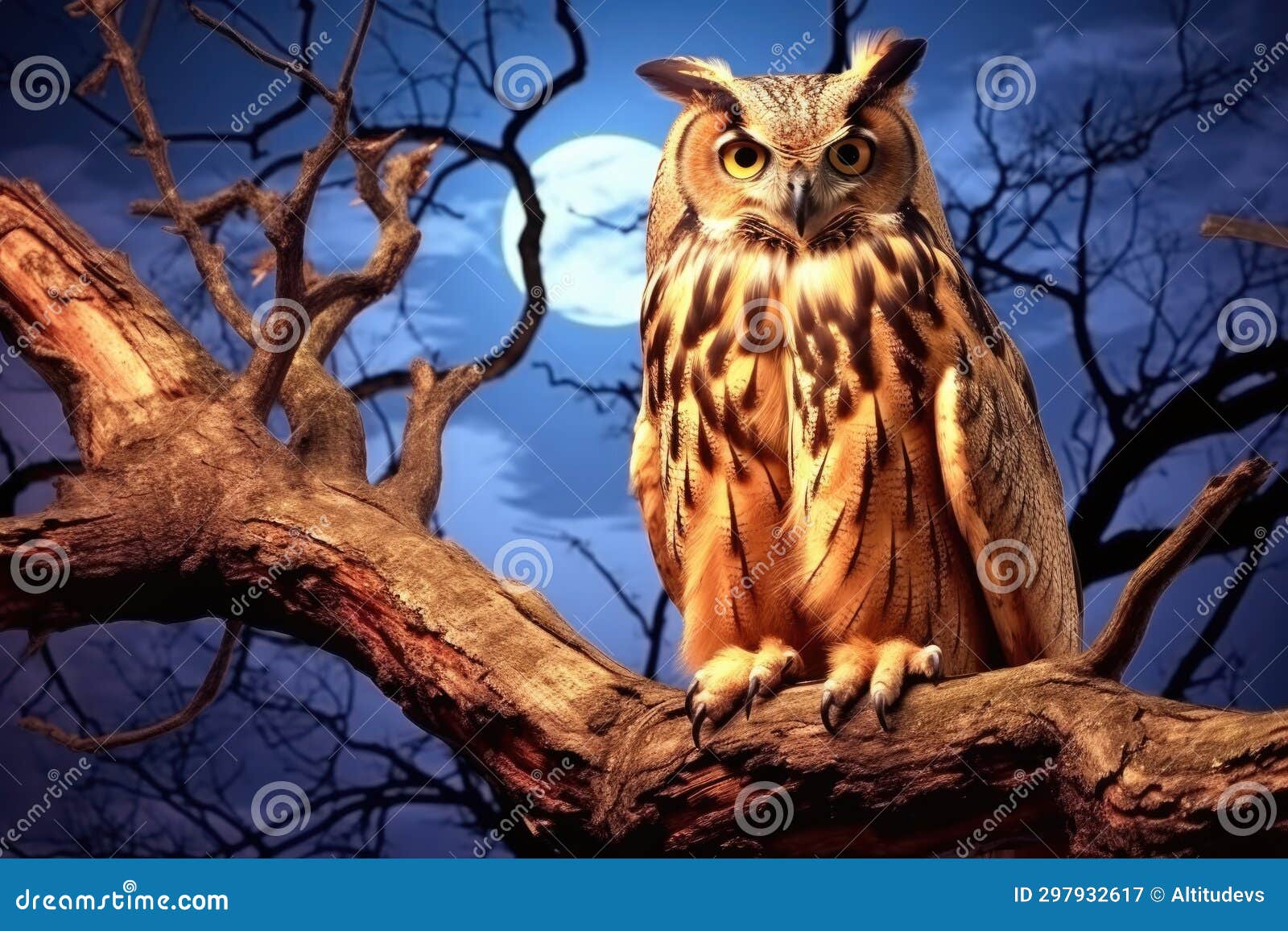 An Eagle Owl Sitting in a Tree during Full Moon Stock Image - Image of ...
