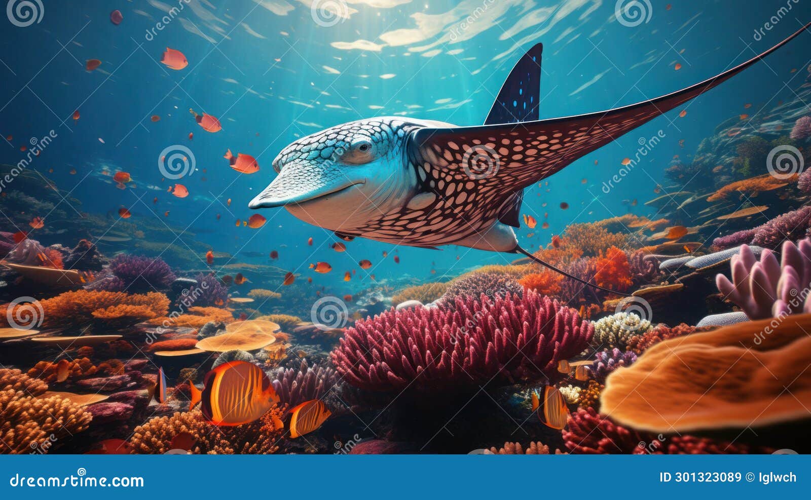 Eagle Ray Glides through Colorful Coral Reef. Stock Image - Image of ...