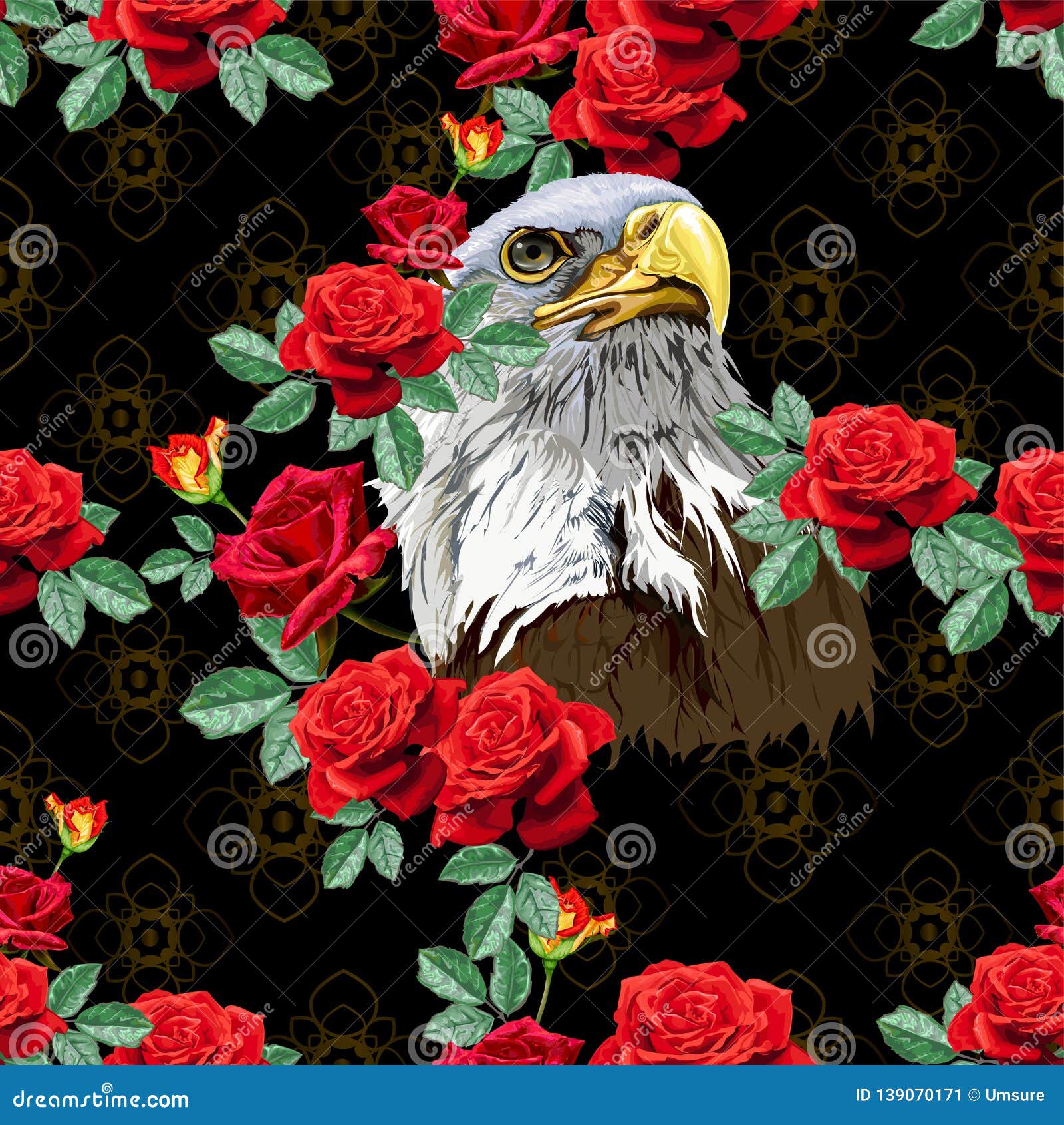 Eagle with Roses Seamless Pattern Stock Vector - Illustration of head ...