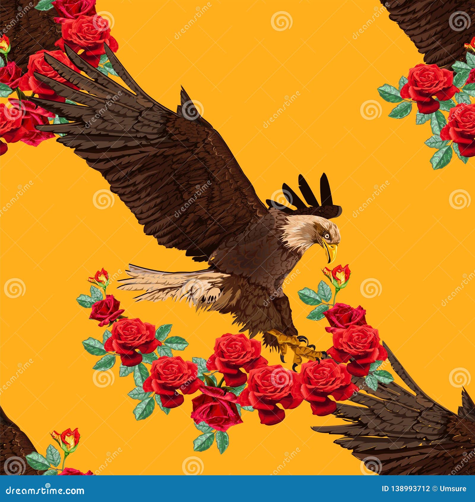 Eagle with Roses Seamless Pattern Stock Vector - Illustration of ...