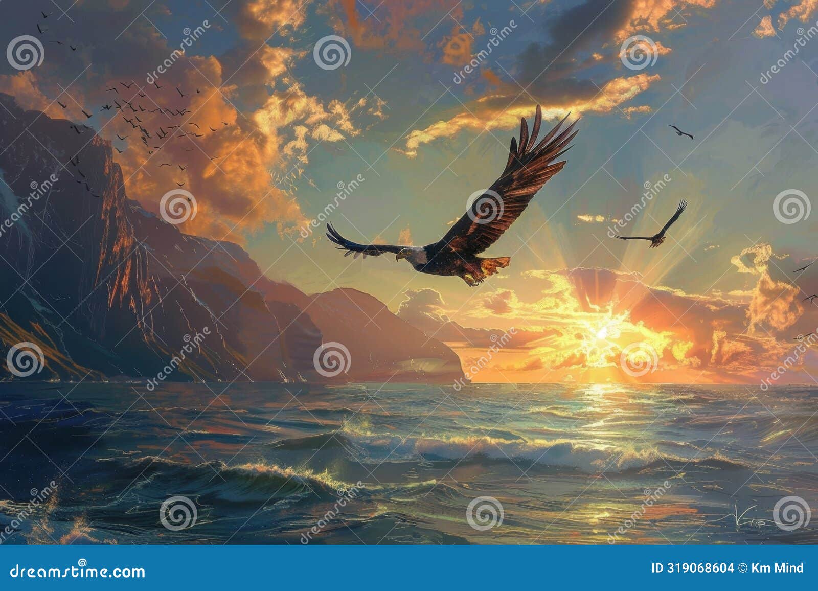 Eagle Soaring at Sunset Over Ocean Stock Illustration - Illustration of ...