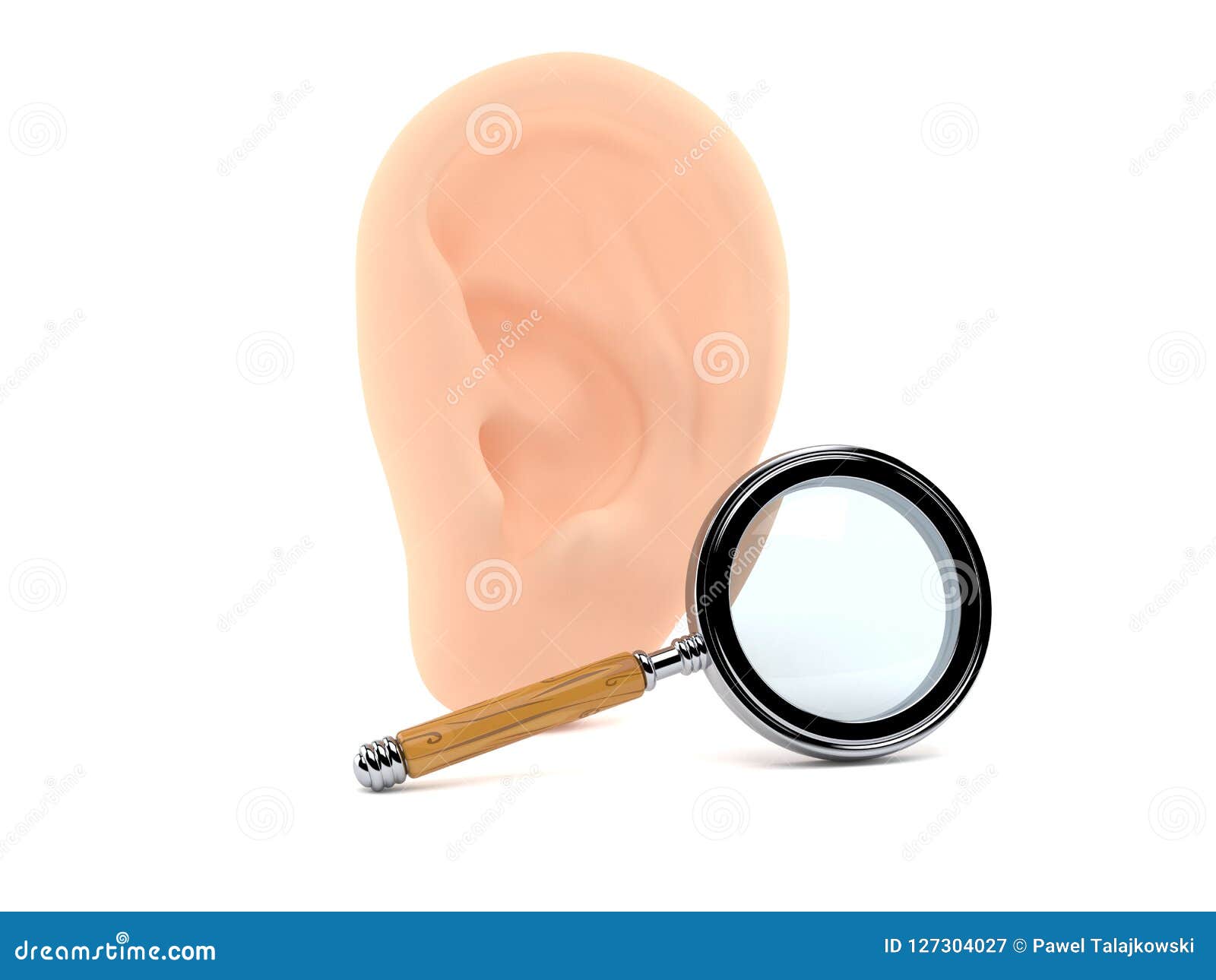Ear with magnifying glass stock illustration. Illustration of sound ...