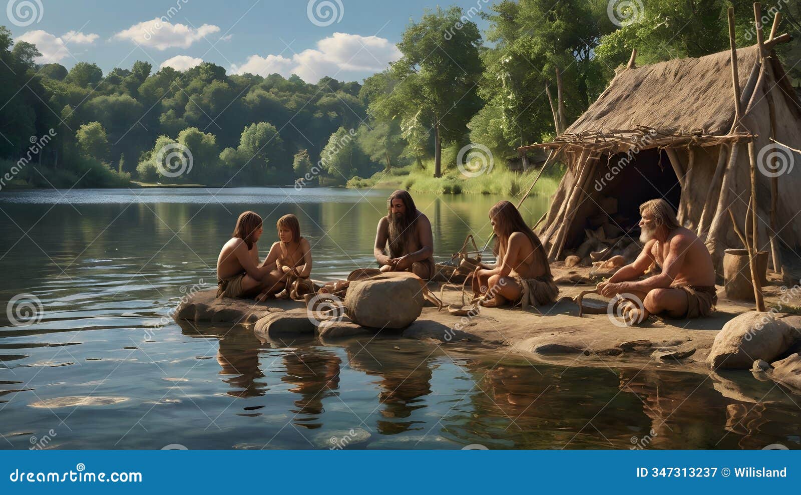 Early Humans Gather by a River, Engaging in Activities and Sharing ...