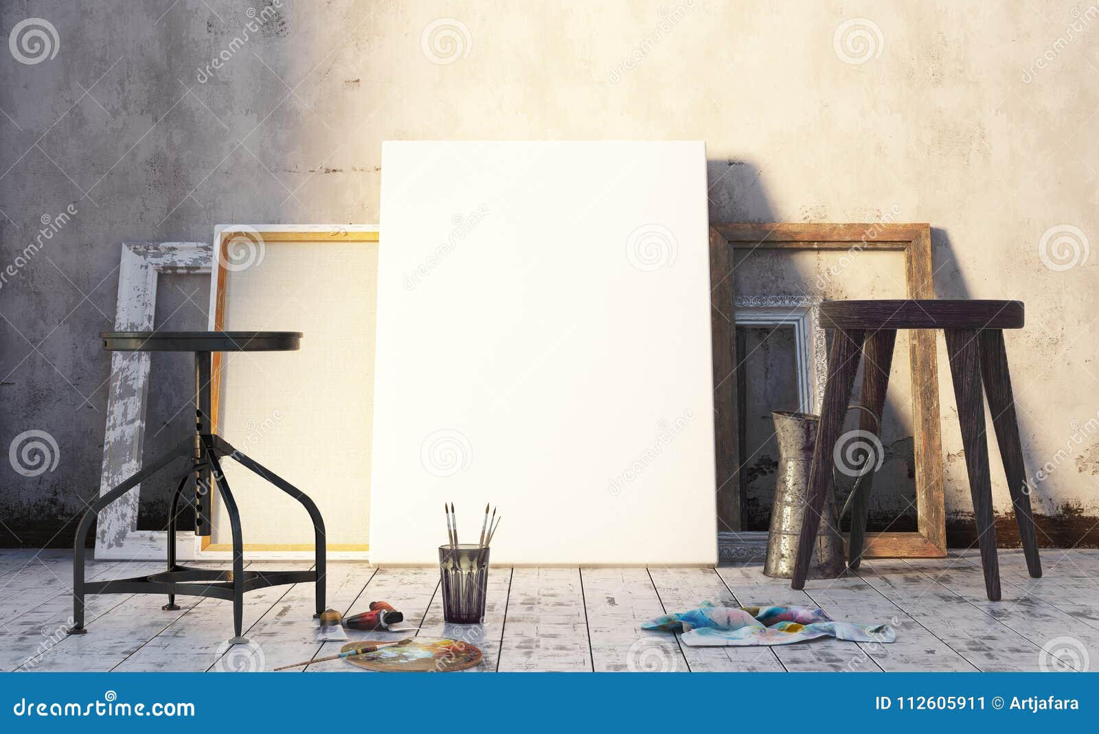 Early Morning in Artist`s Studio, Mock Up Interior Stock Image - Image ...