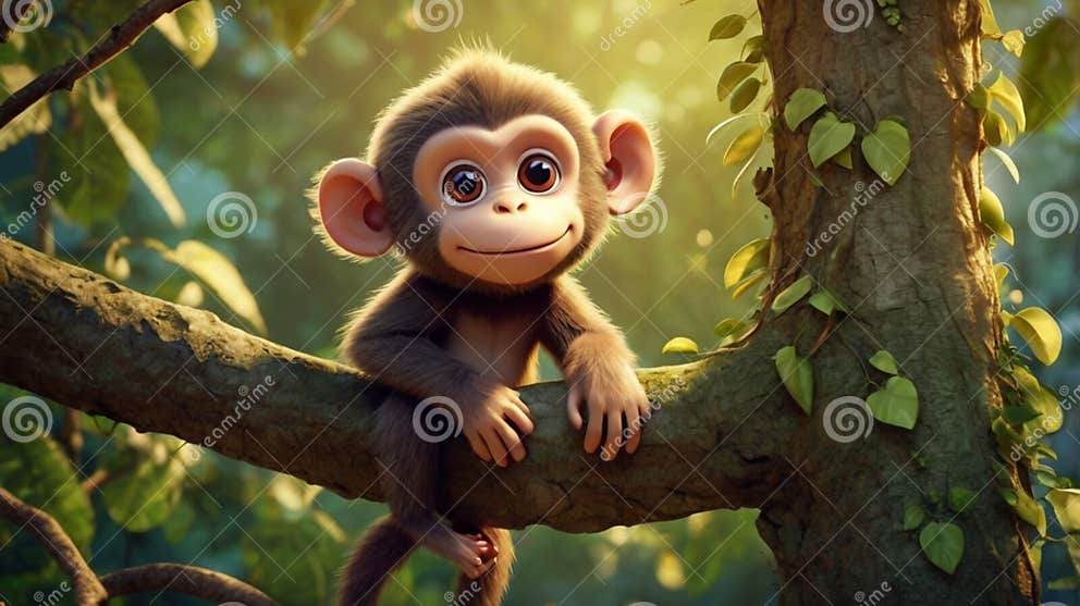 A Cute Baby Monkey Sitting Ona Bark of Tree. Stock Illustration ...