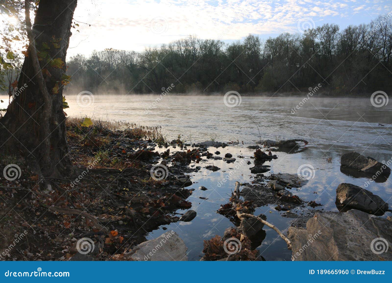 Early Morning Sunrise Reflection Misty River Rocks Stock Photo - Image ...