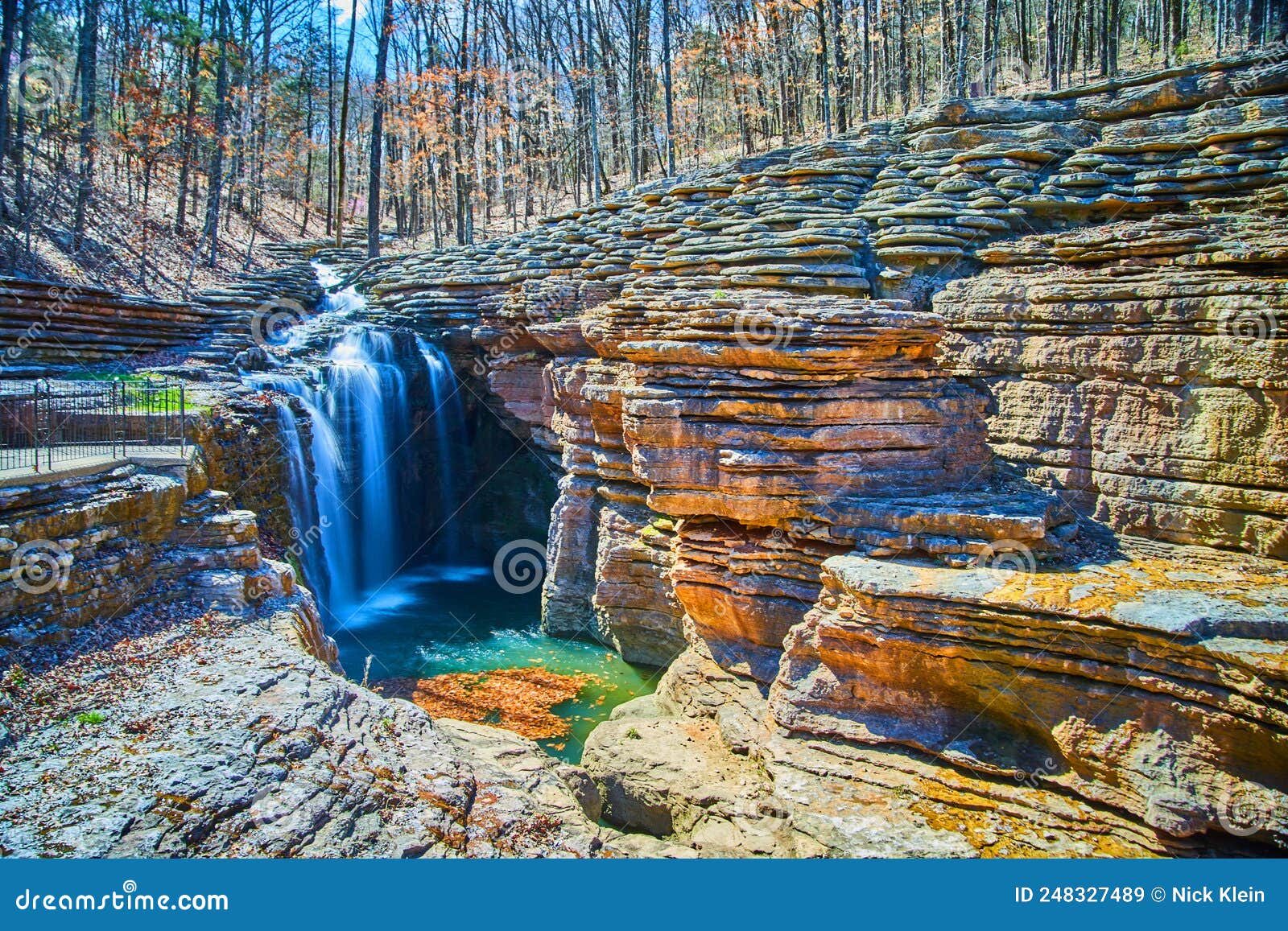 Early Spring Gorge with Waterfall Pouring in Stock Image - Image of ...