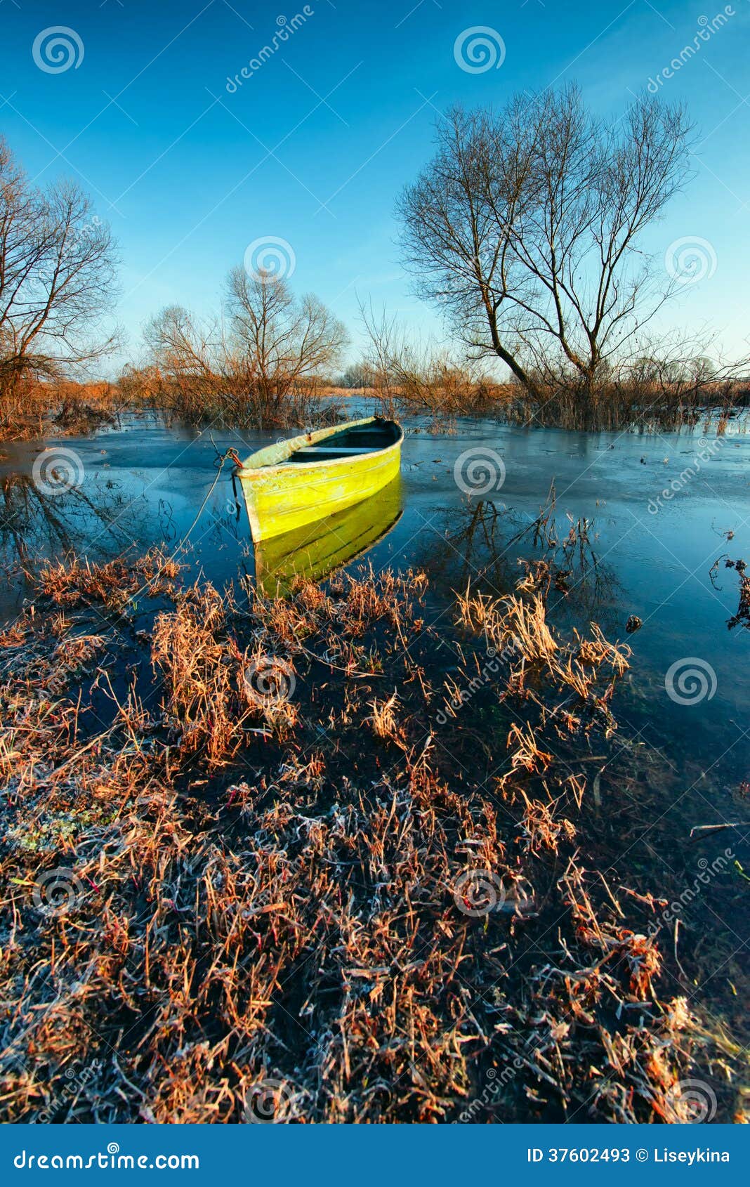 Early Spring Landscape with Wooden Boat Stock Image - Image of light ...